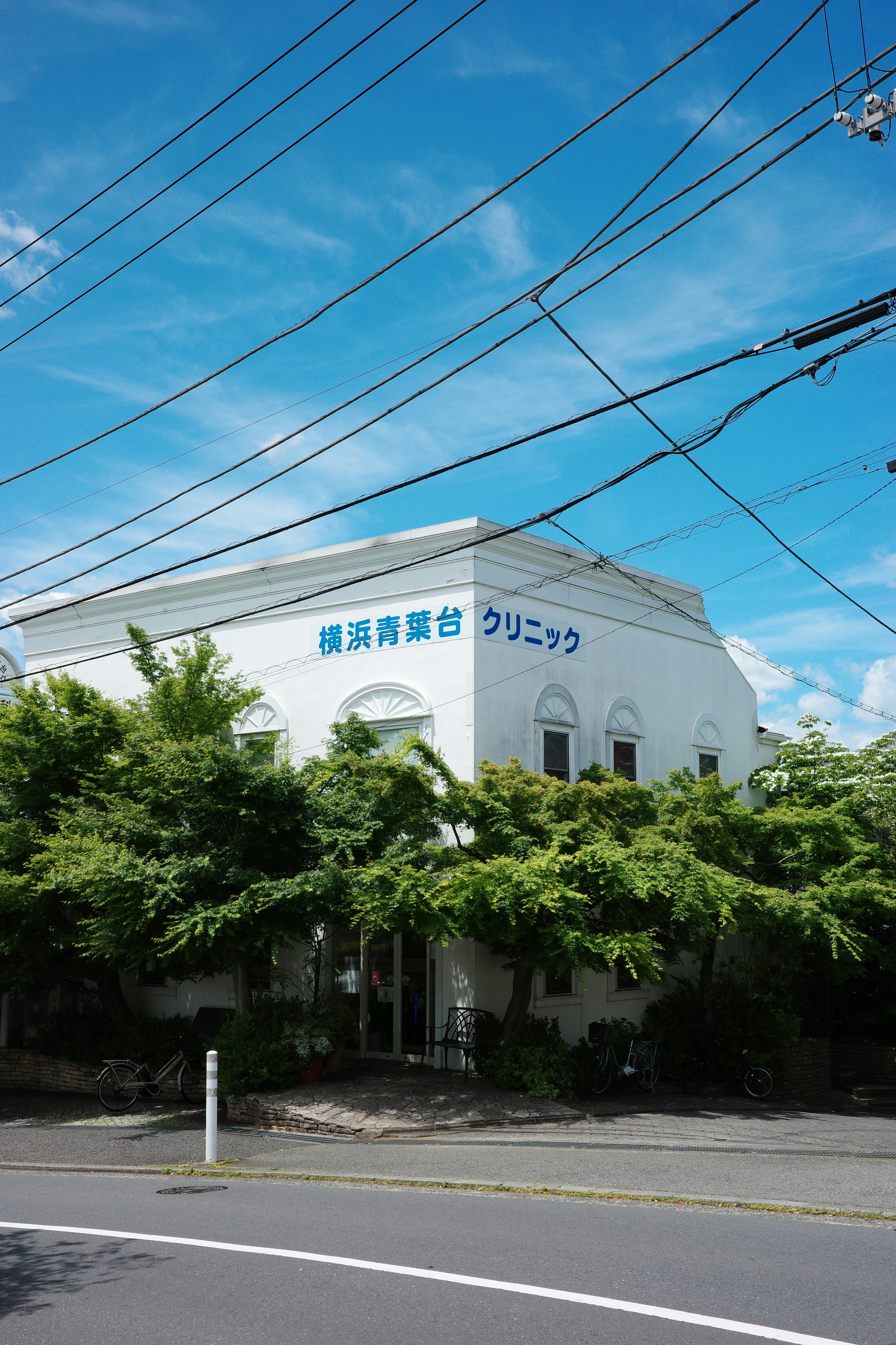 White-clapboard clinic under a tangle of power lines amid green hedges