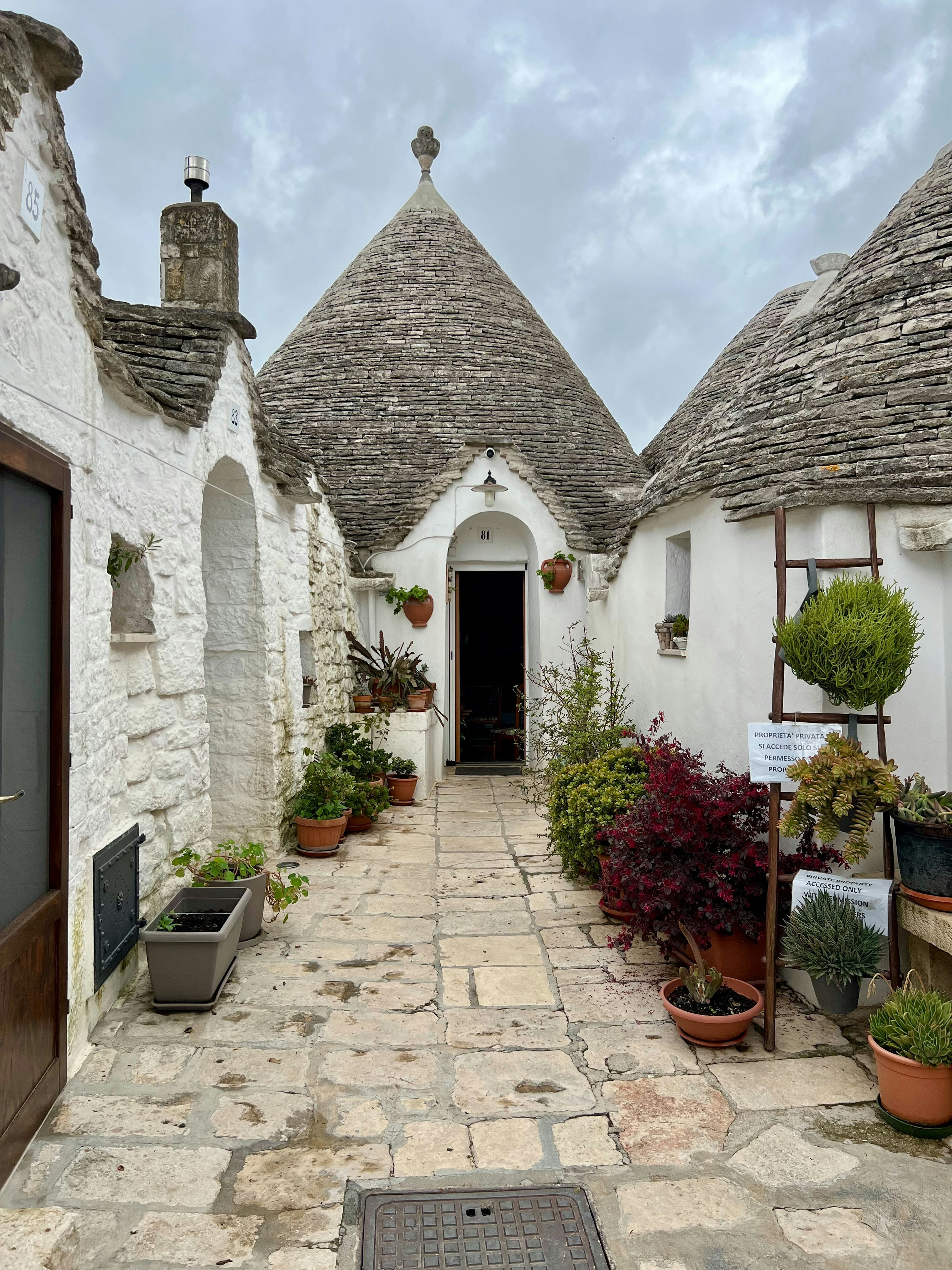 Alleyway of Trulli: Whitewashed Dwellings and Potted Greenery