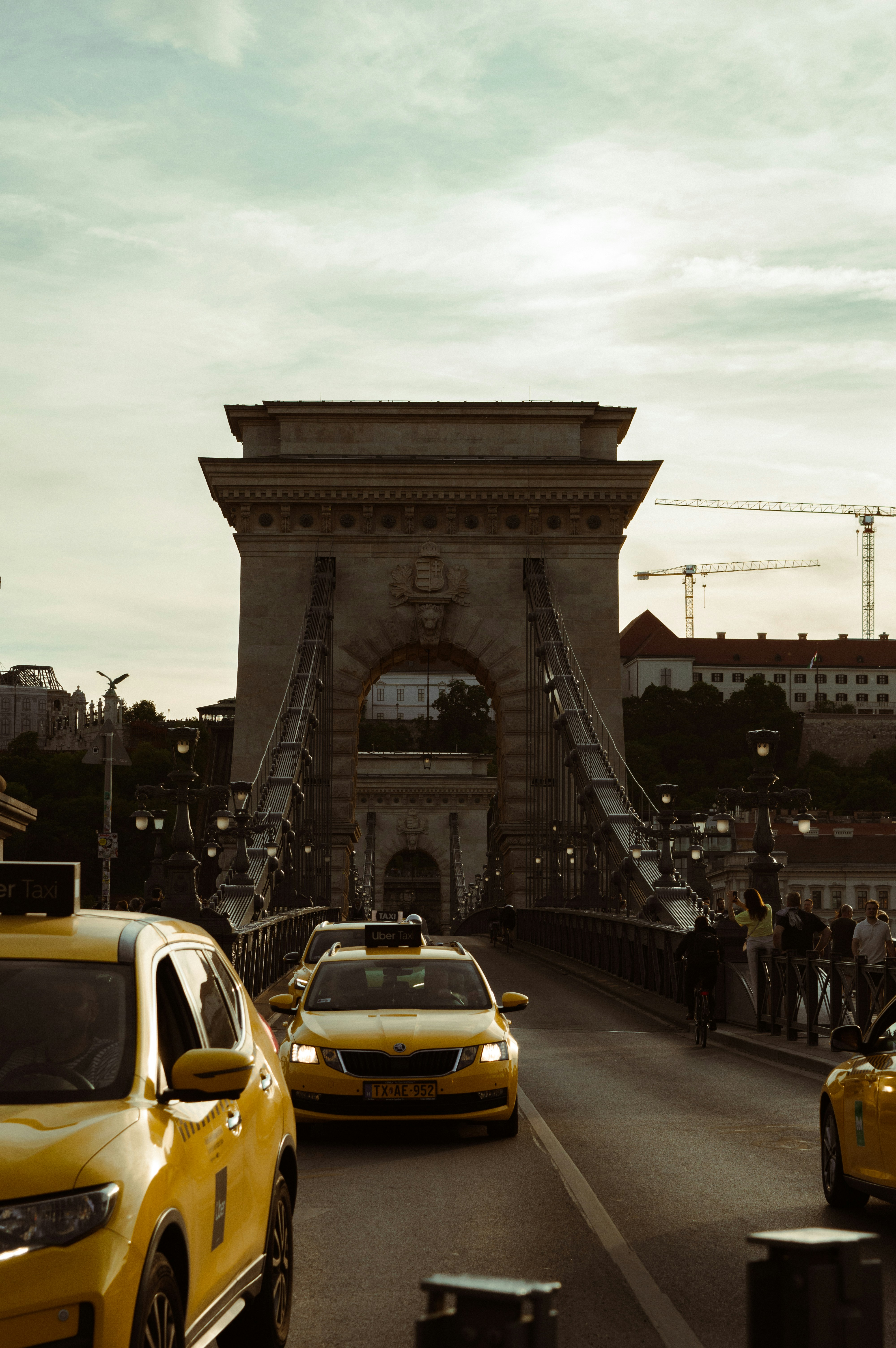 Yellow Taxi Barrier on the Széchenyi Chain Bridge at Dusk