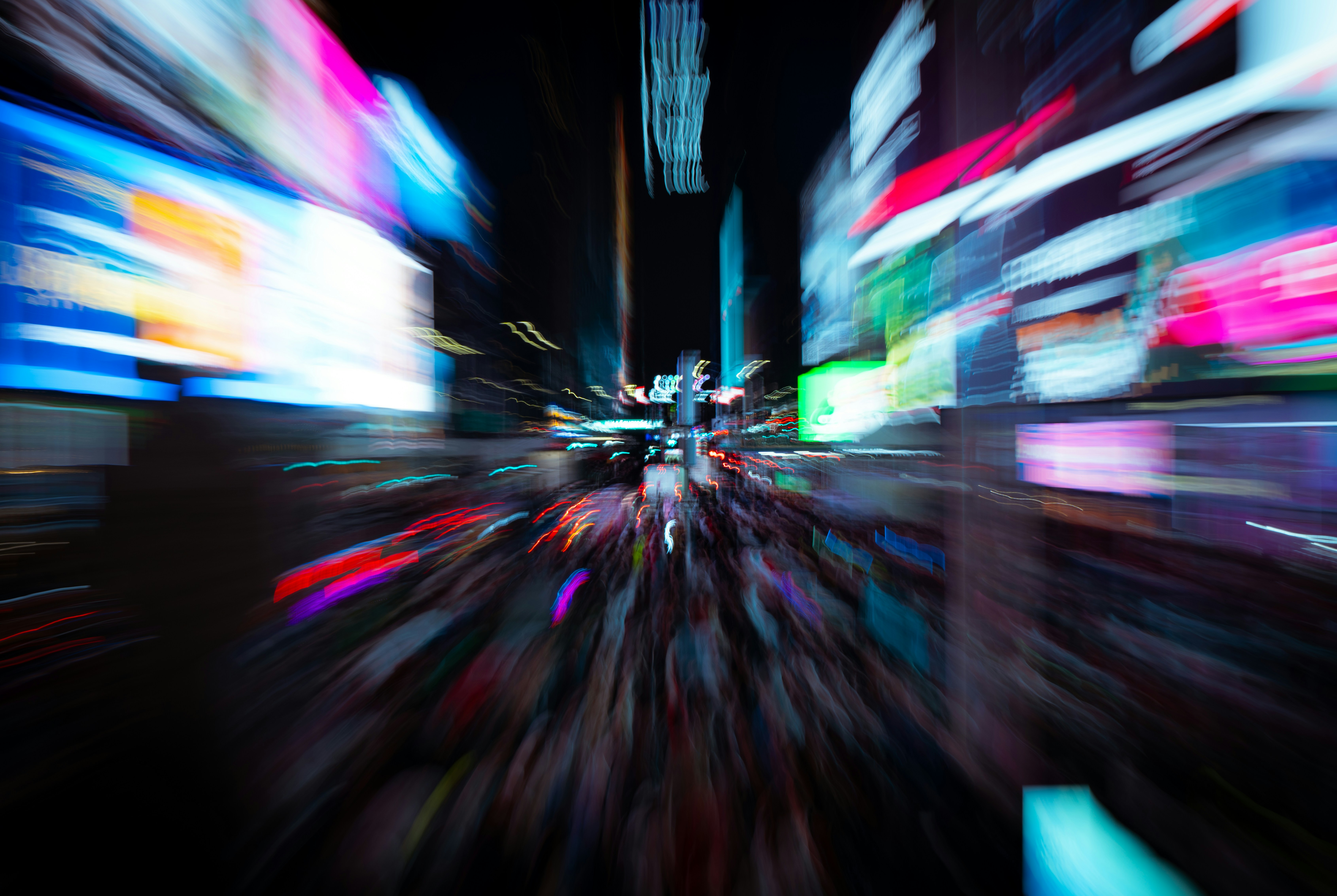 Neon Pulse: A Night Street Blur Toward the Center
