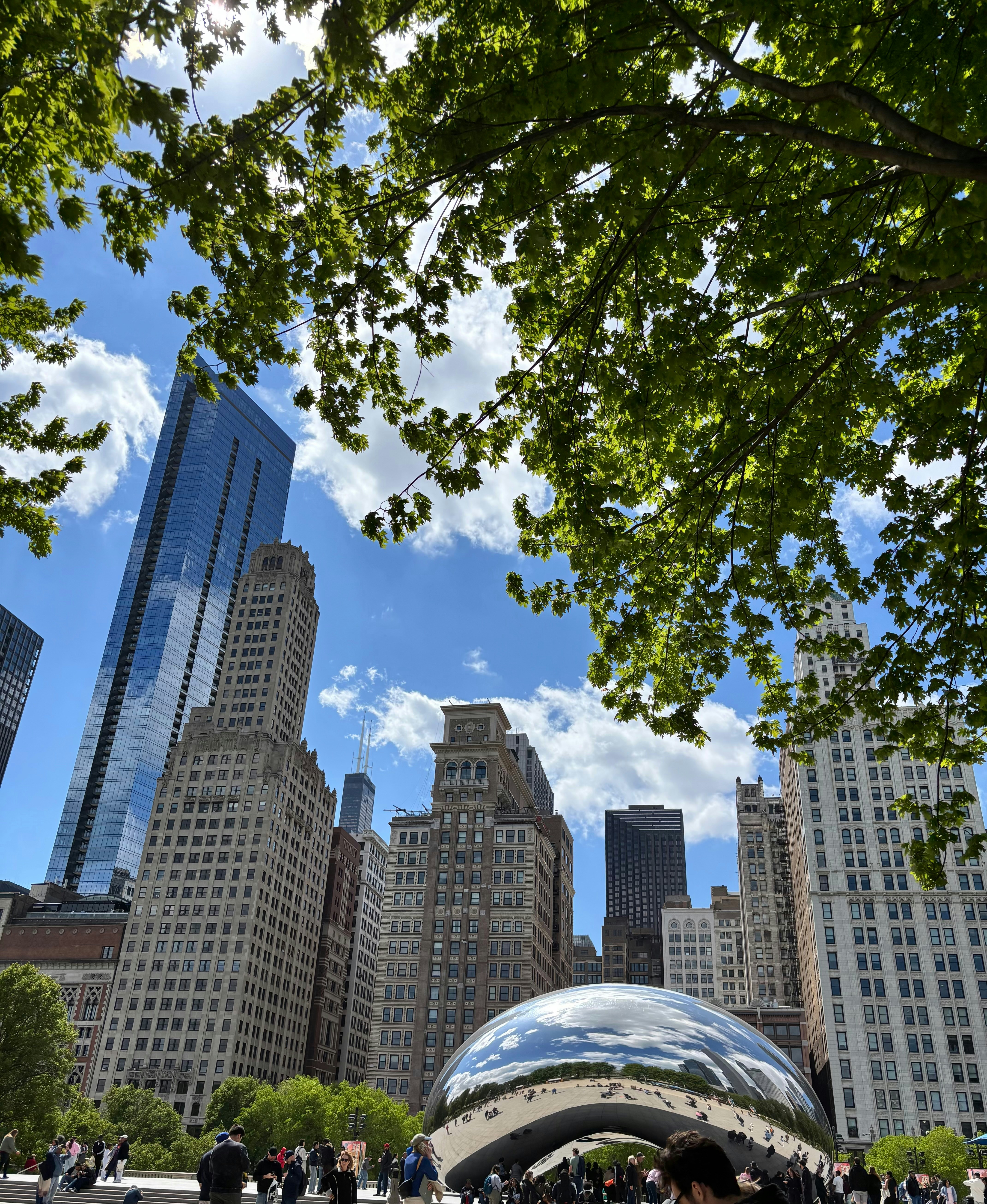 City Echoes: Mirror Sphere Reflecting Skyscrapers and Green Canopy