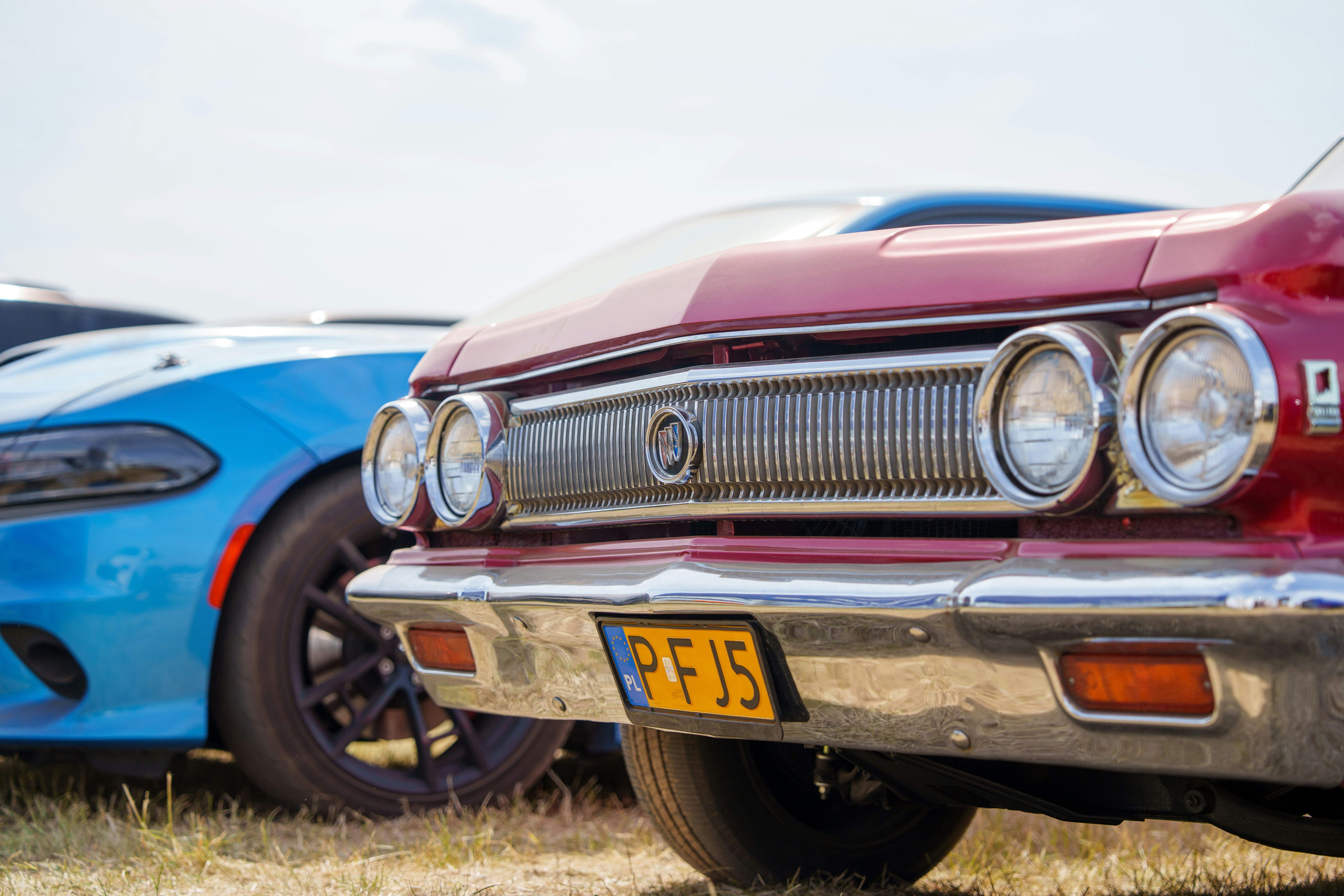 Chrome and Color: A Pair of Classic Car Grilles in a Sunlit Show Field