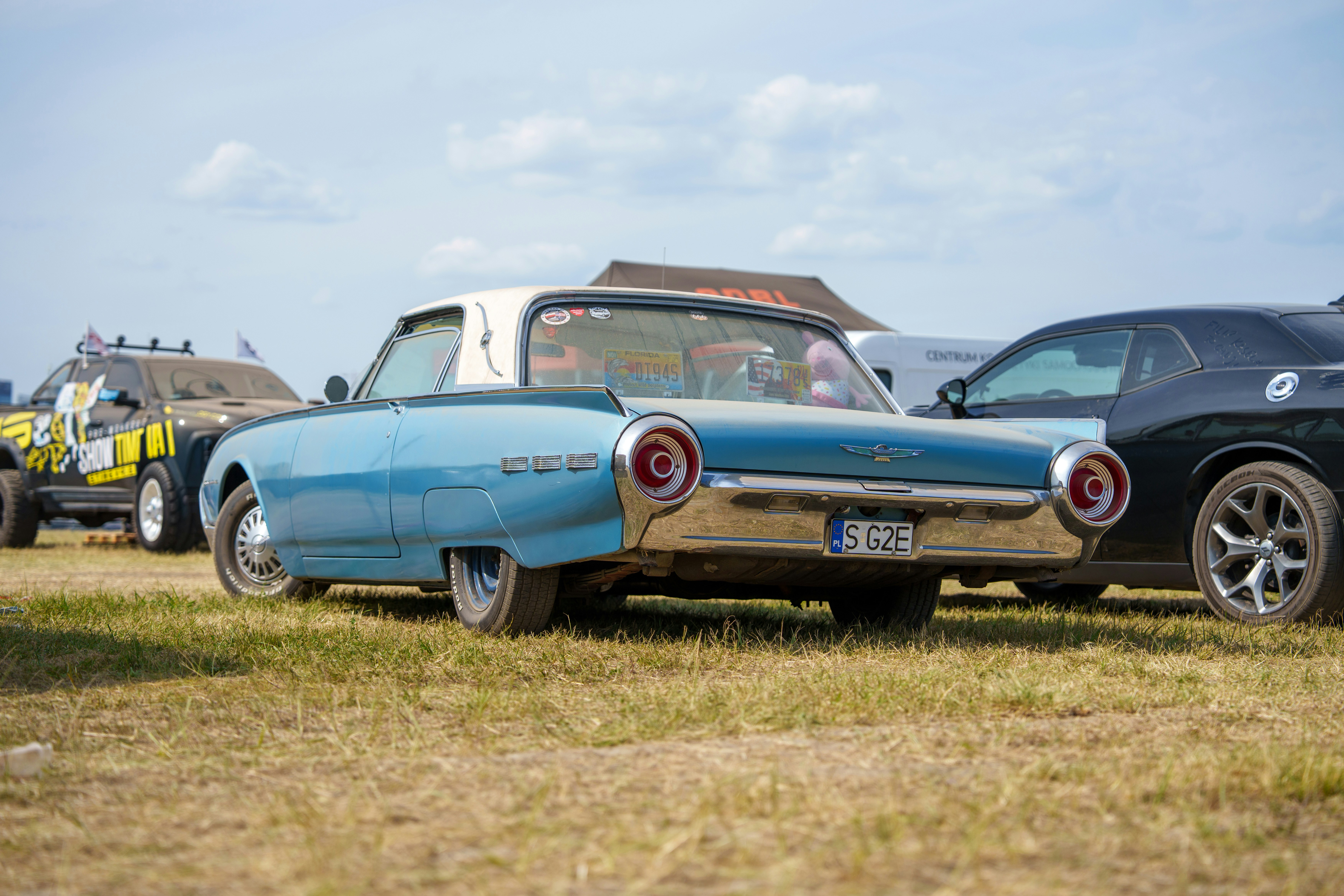 Blue Classic: A Sailfin Teal 1950s Convertible Resting at a Car Meet
