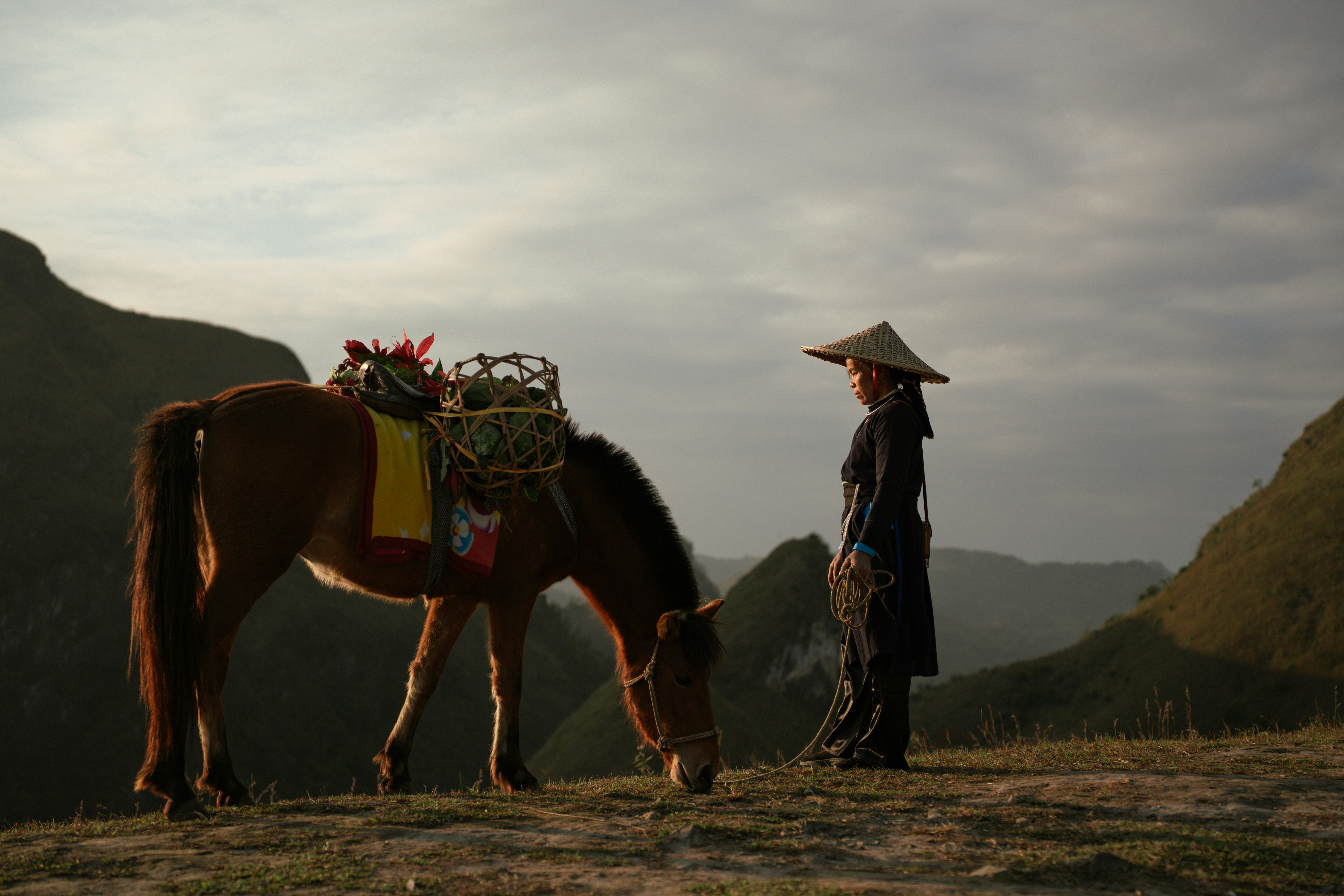 Woman in conical hat with horse on hillside