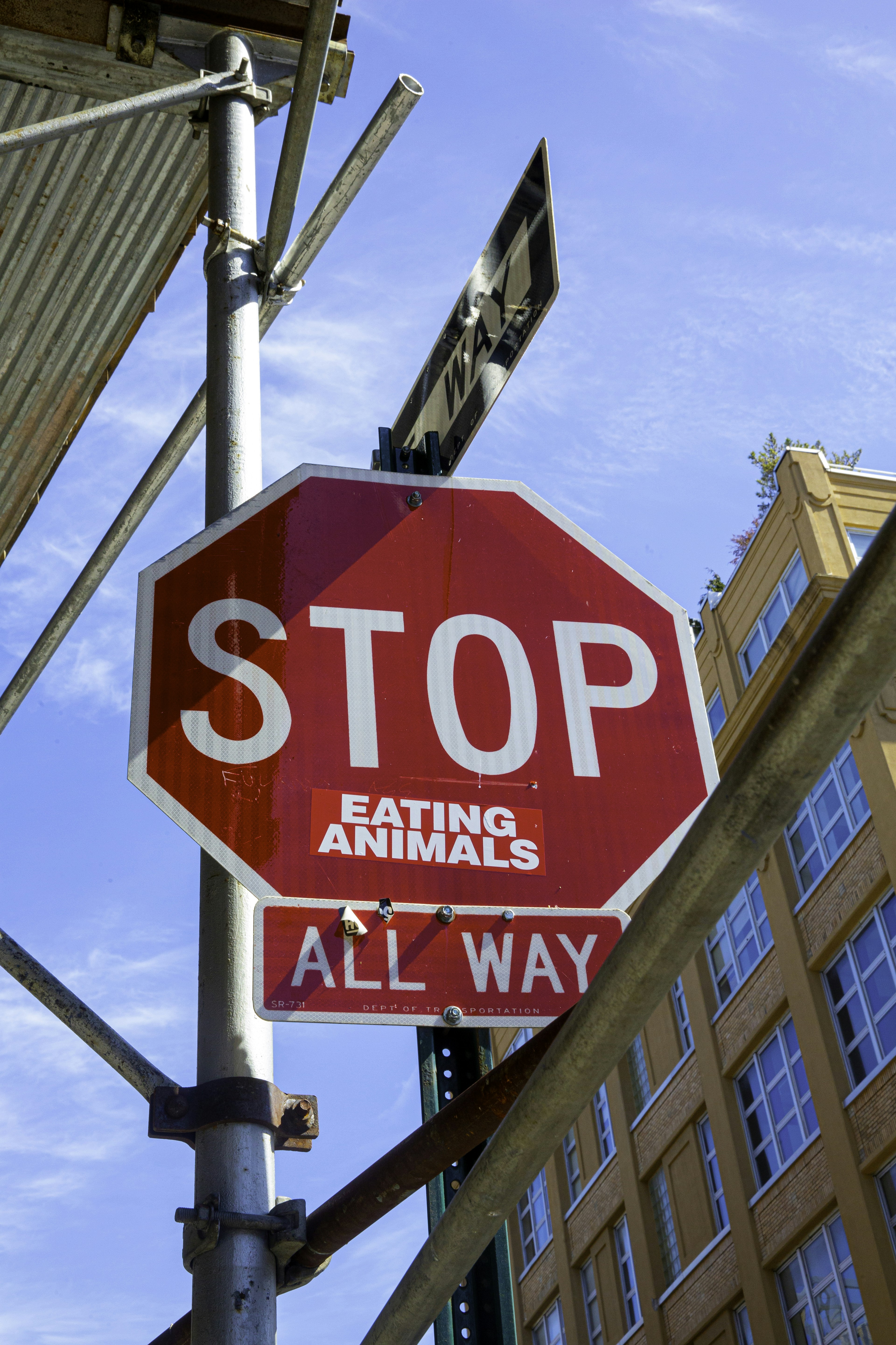 Urban Stop Sign: Bold Message Amid Scaffolding and Sky