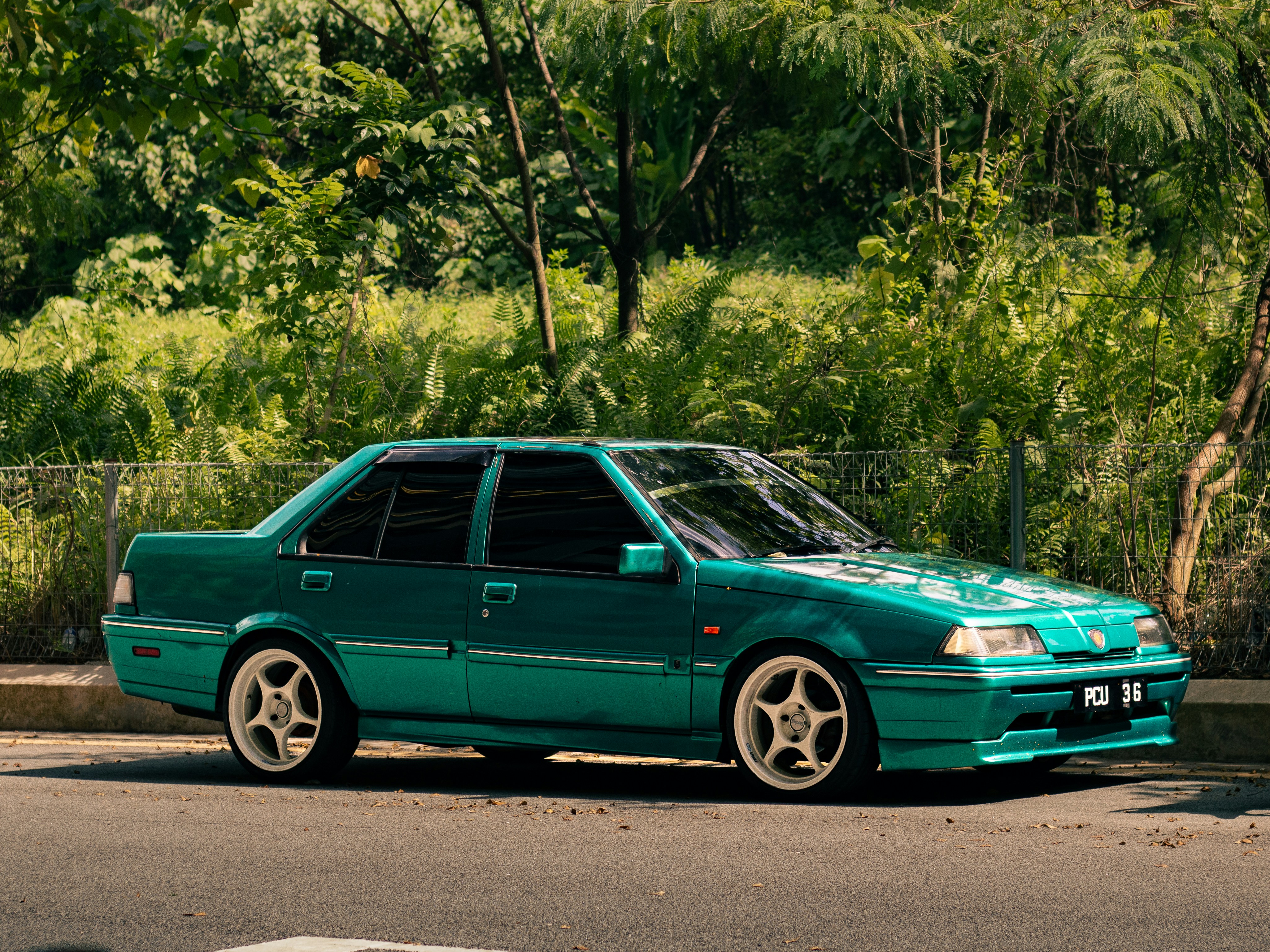 Turquoise sedan perched on sunlit curb under a canopy of greenery
