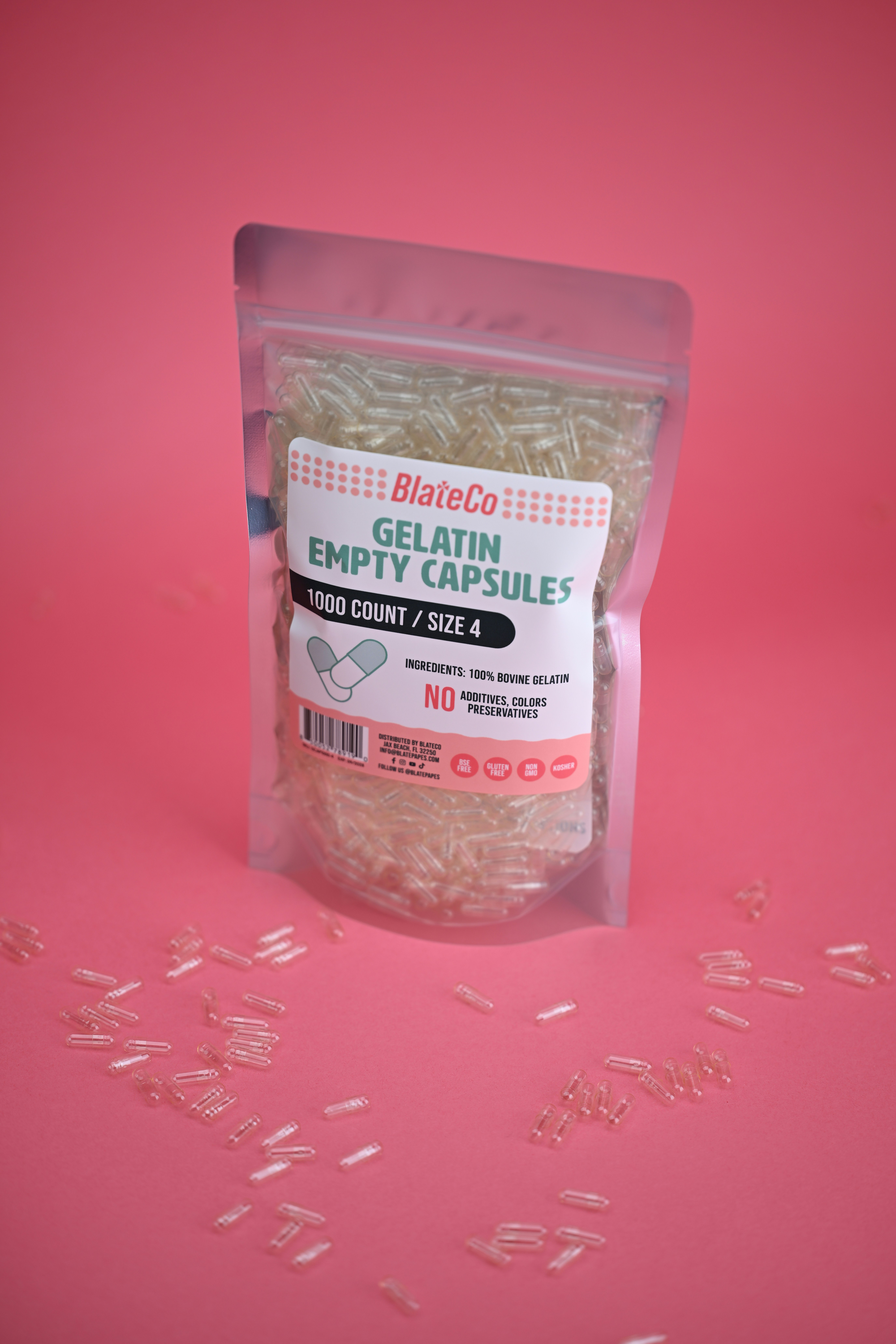 Gleaming Gelatin Capsule Bag Against Rosy Backdrop