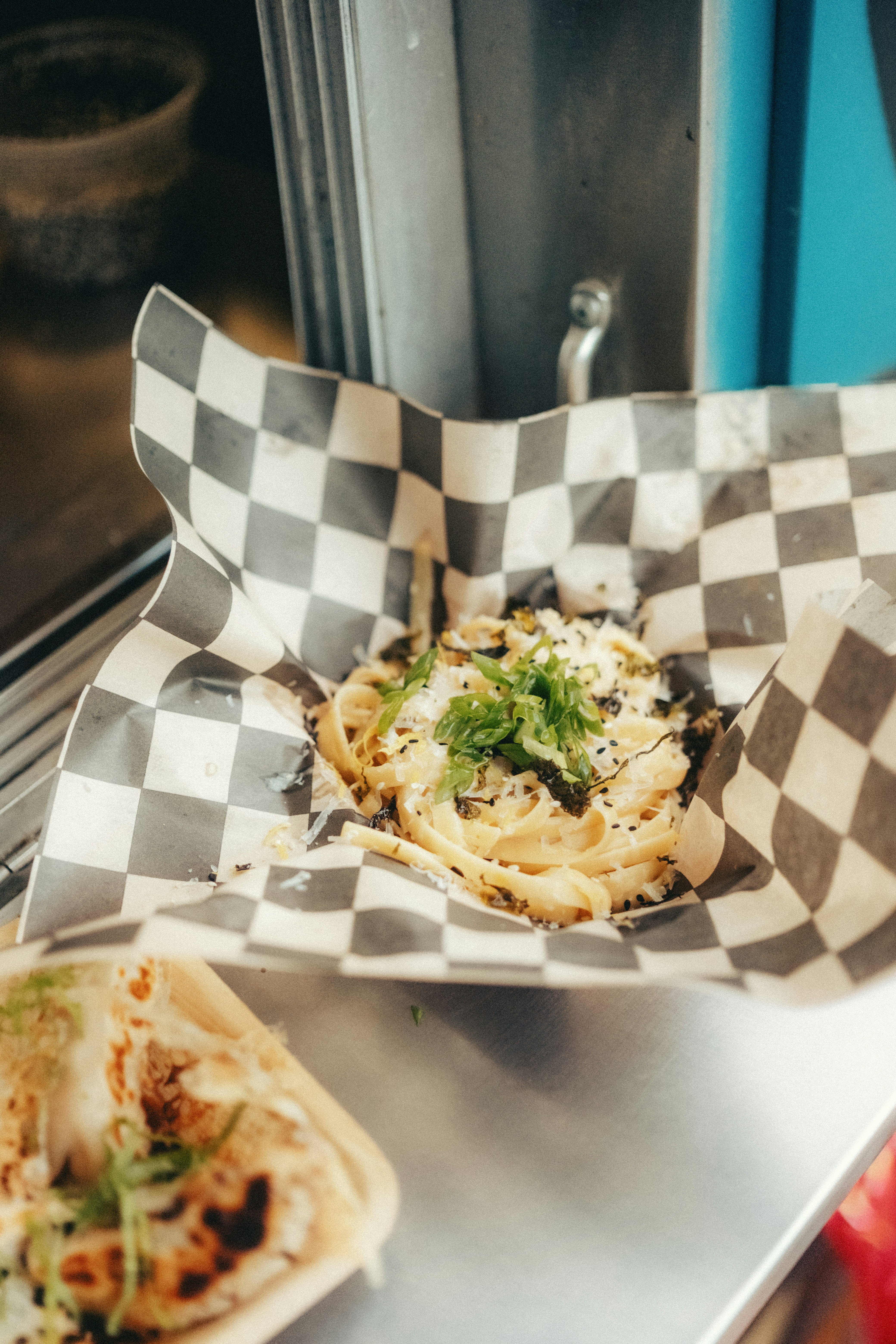 Creamy Basil Pasta Nest in a Checkered Paper Cup