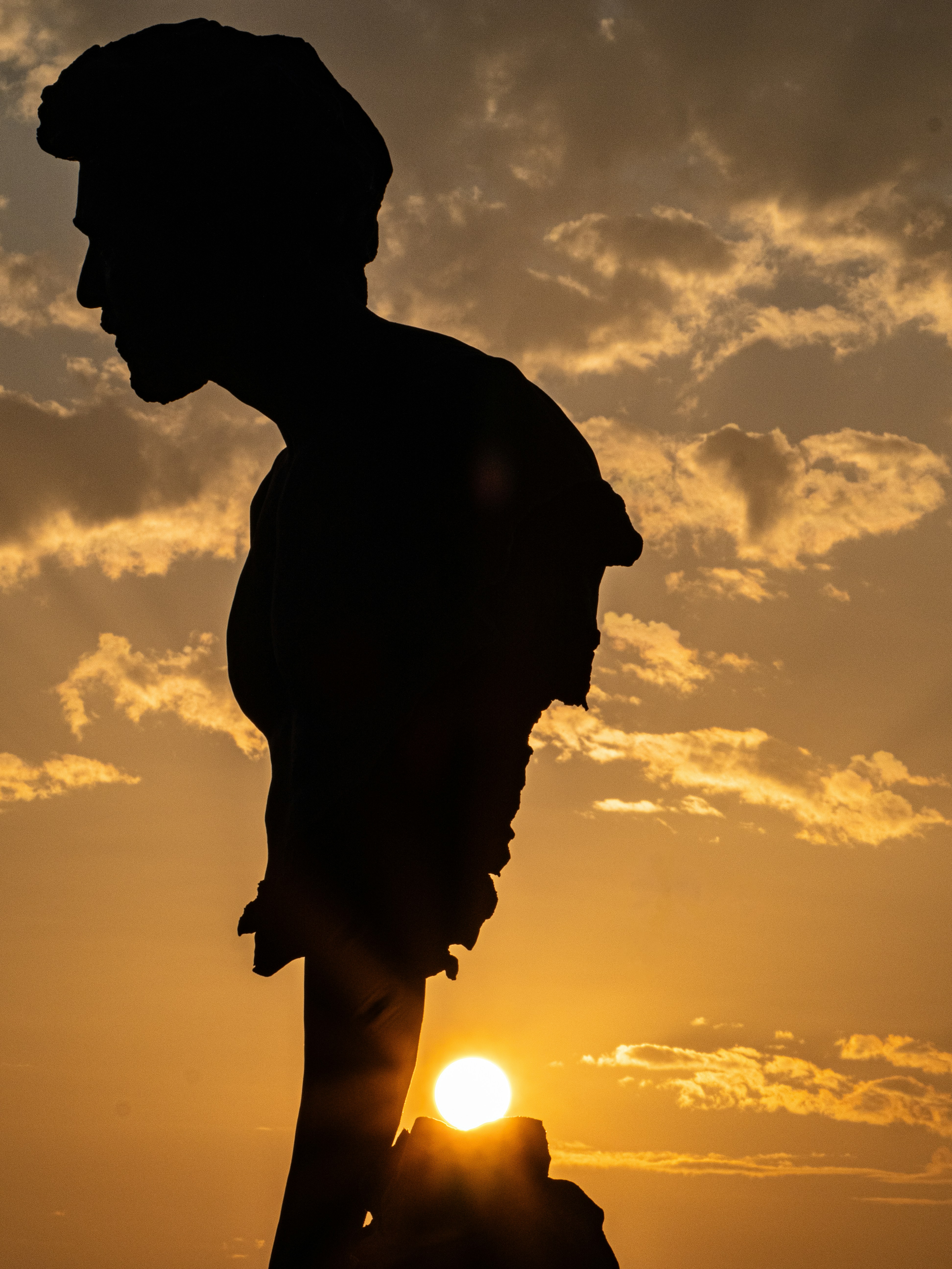 Silhouette Over the Sun: A Heroic Profile Against a Glowing Sky