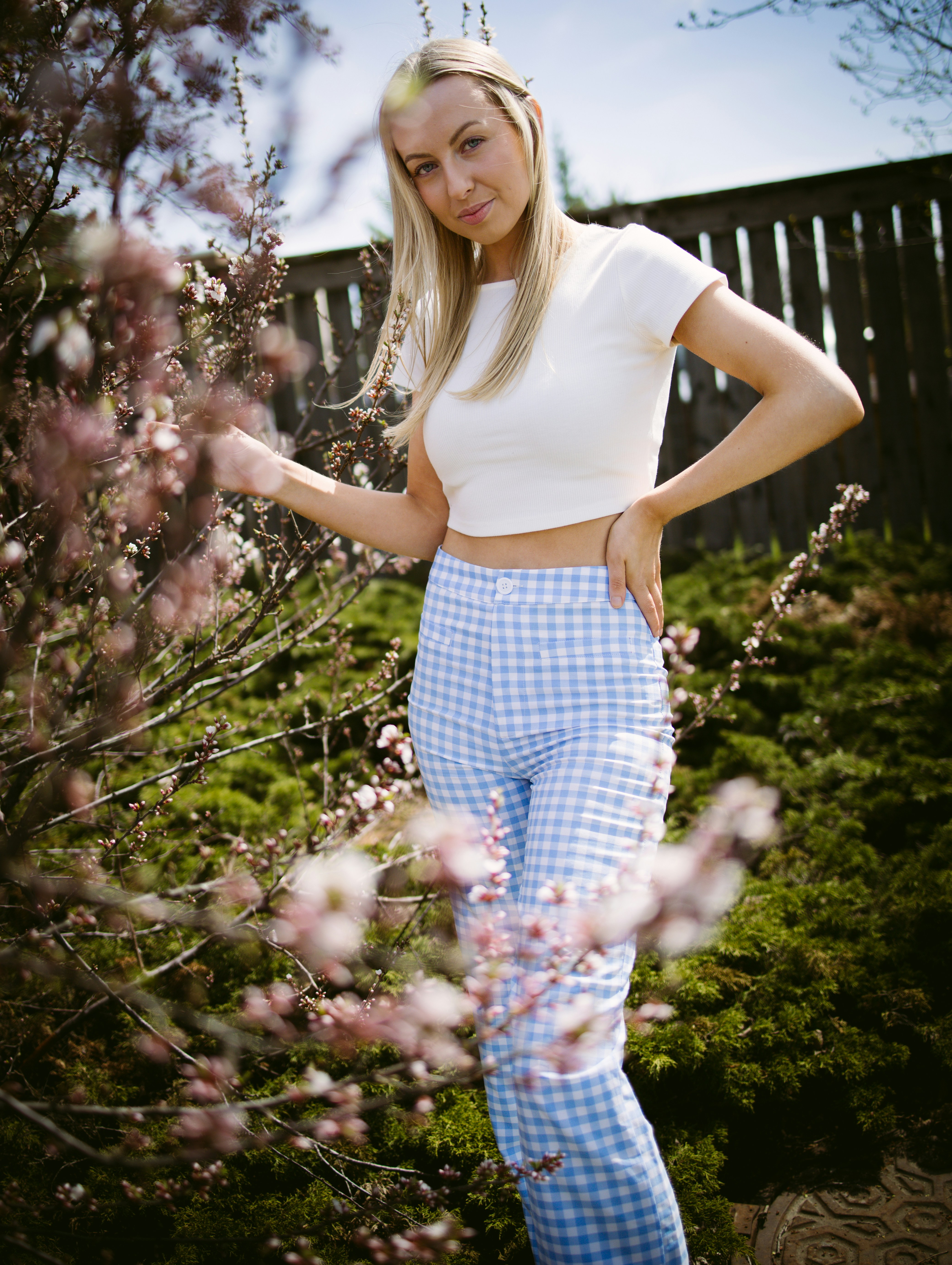 Spring portrait in bloom: a poised figure among cherry blossoms