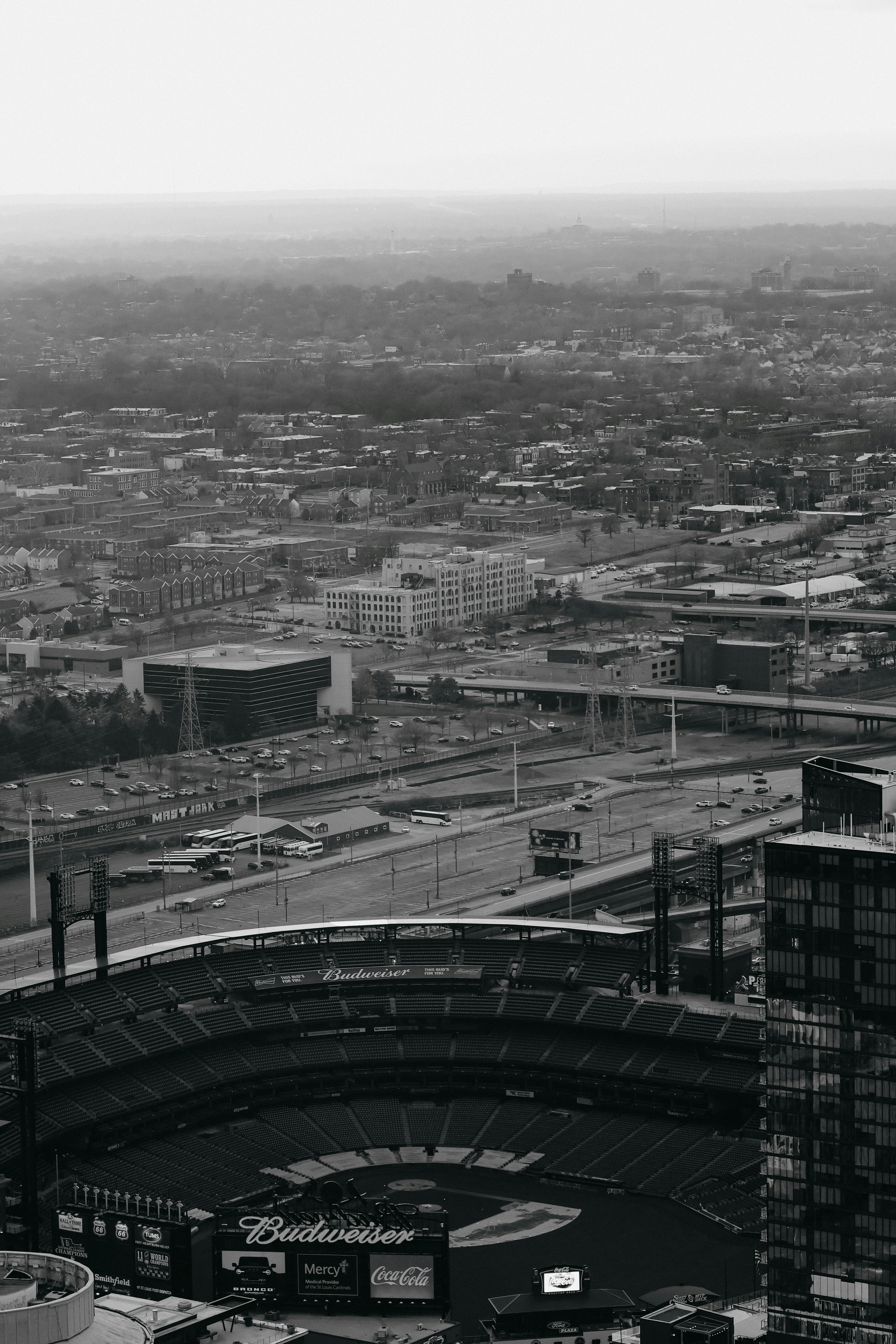 Urban Grid from the Outfield: A Baseball Stadium Overlooked by Rail and City