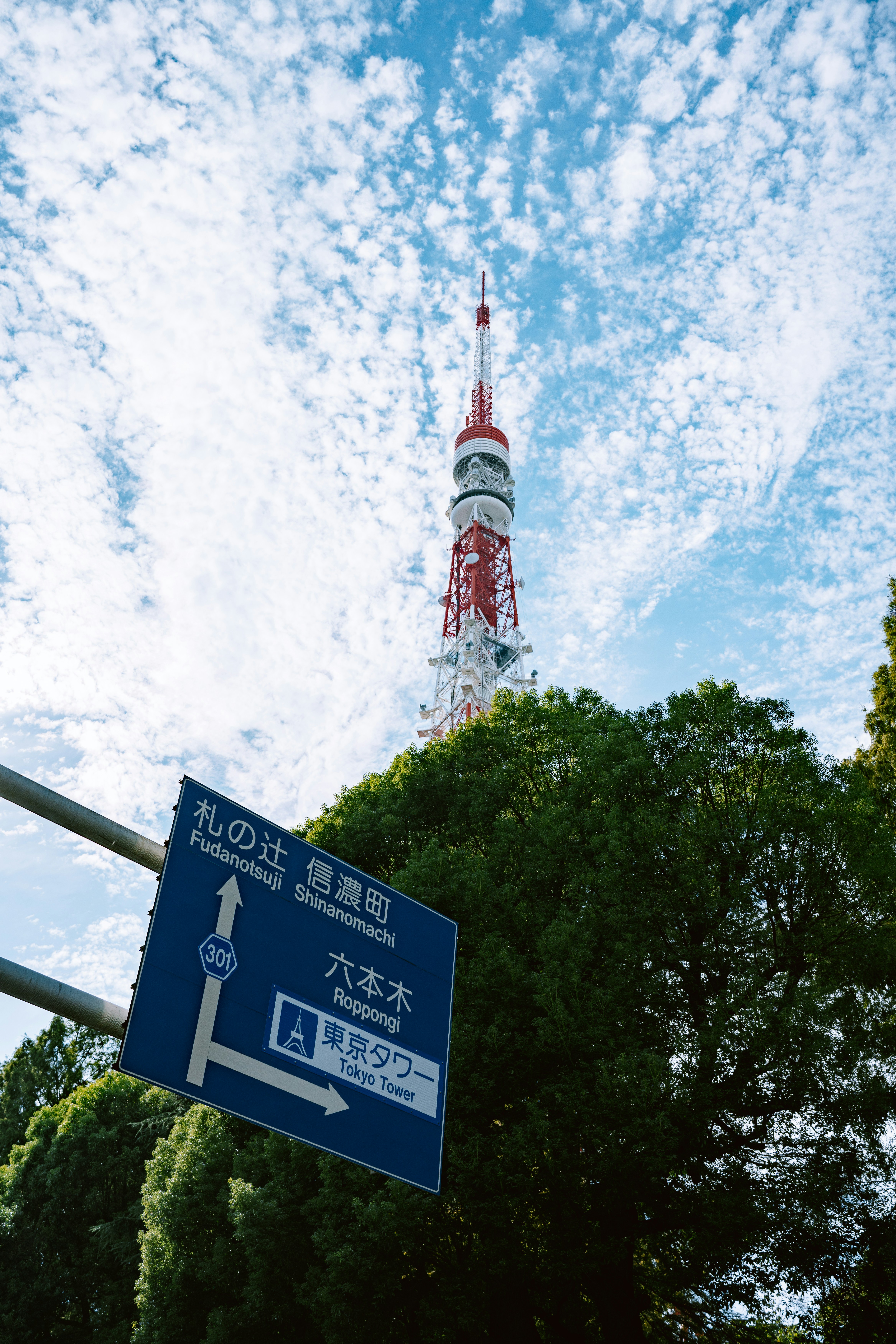 Blue road sign with directional text and arrows sits at the edge of a lush treeline beneath Tokyo Tower, framed by a bright sky and scattered clouds.