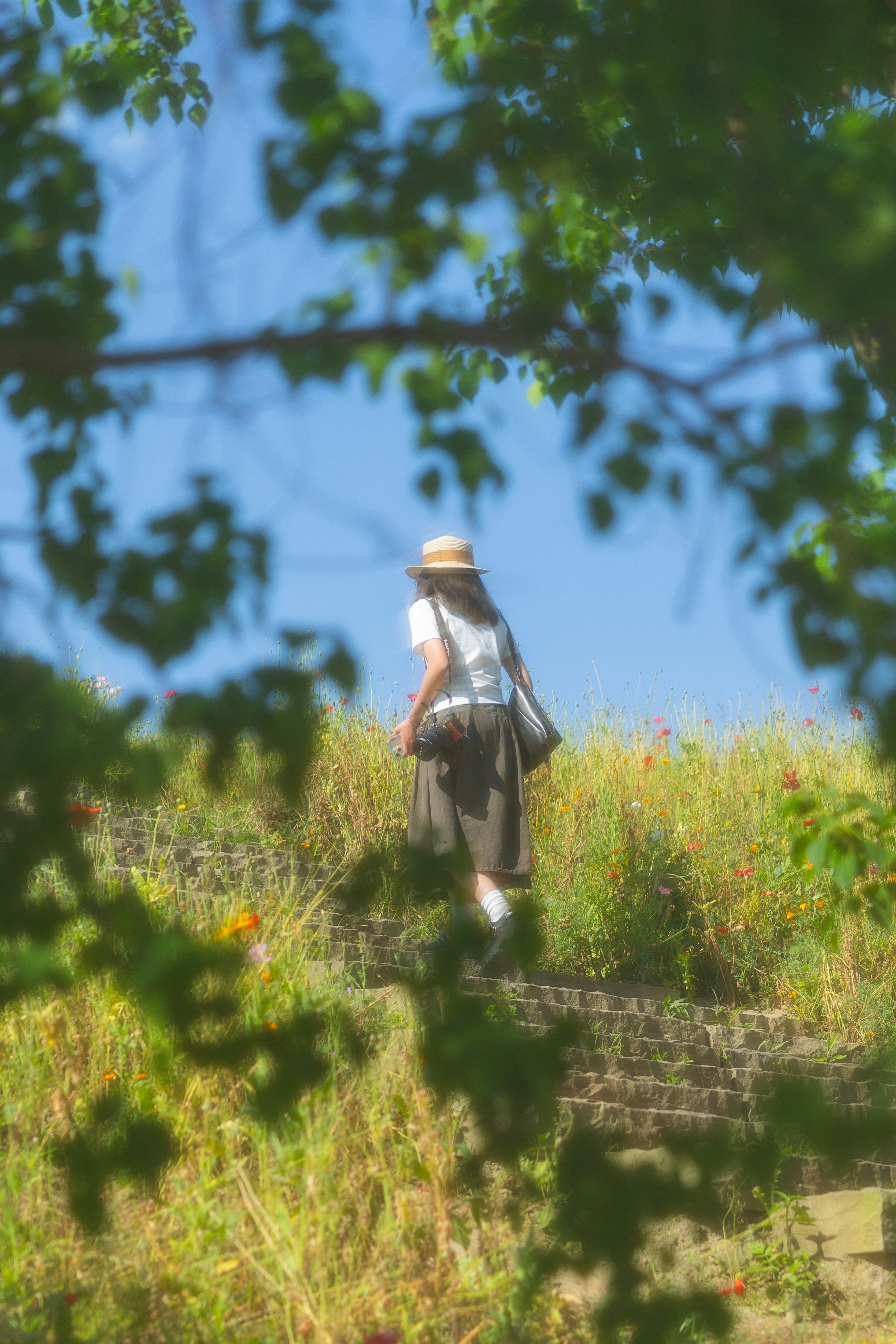 A Quiet Portrait on the Hill: Woman in Hat Amid Wildflowers