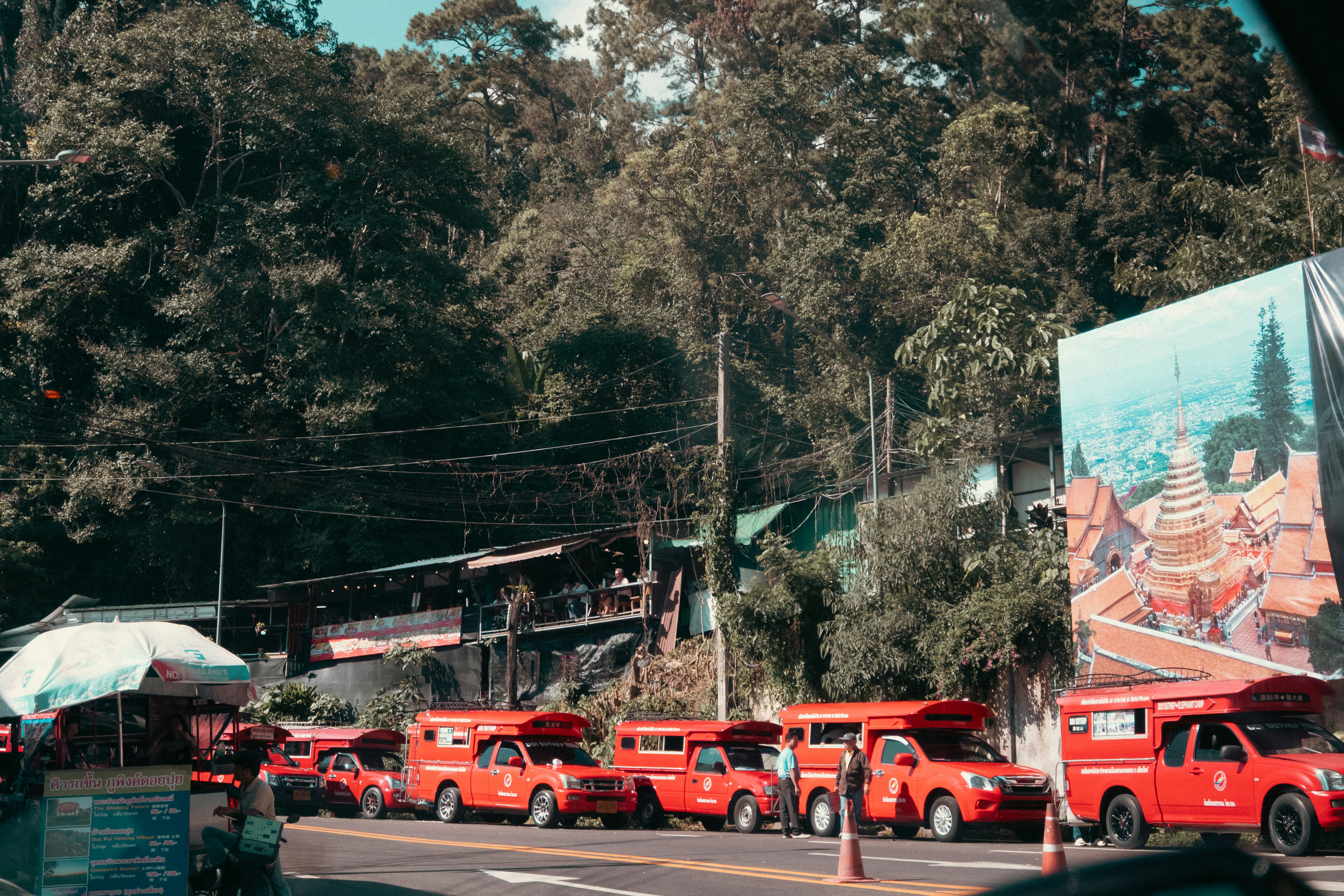 Row of Uniform Red Buses Under a Forested Skyline