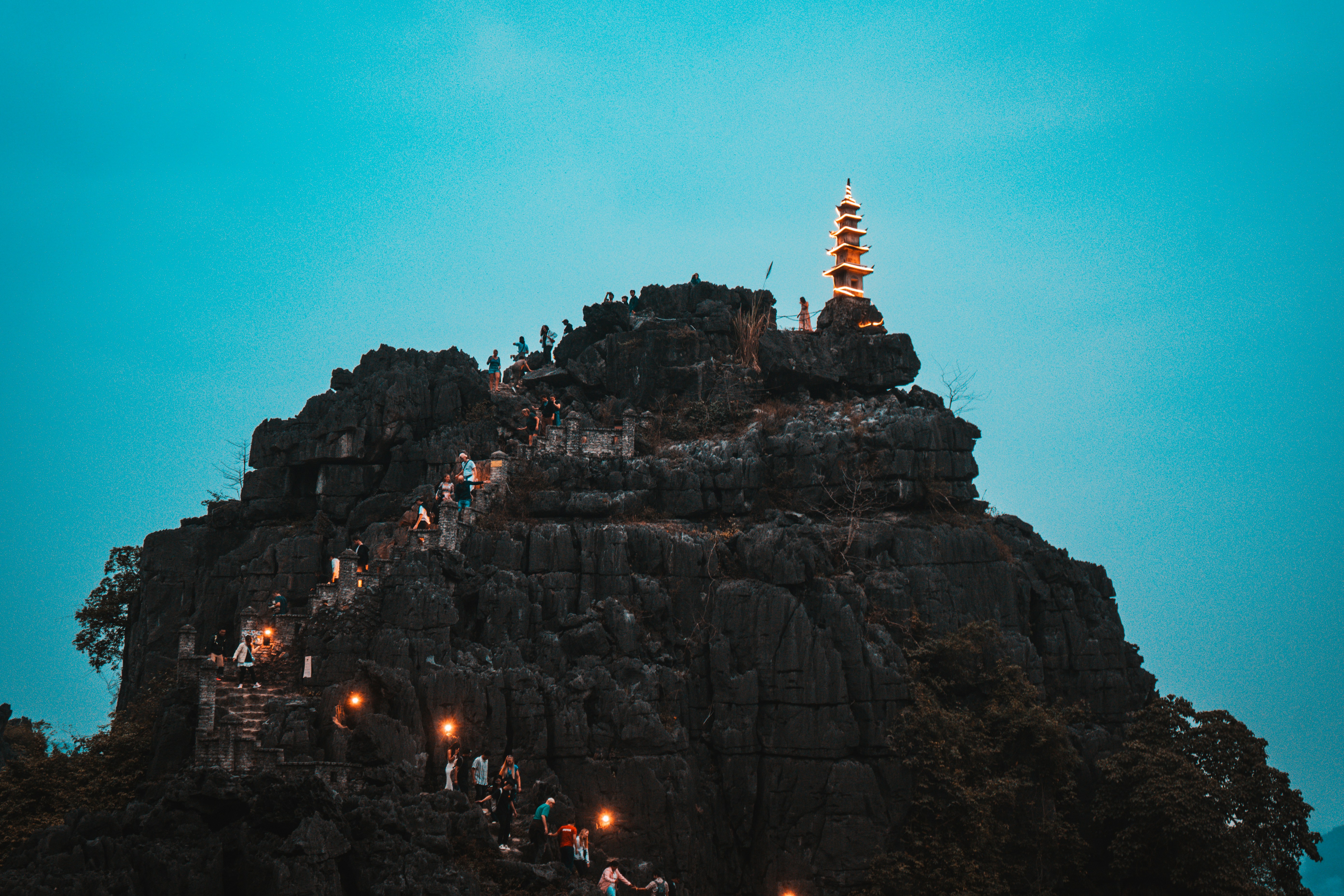 Luminous Stairway to the Pagoda On a Moonlit Cliff