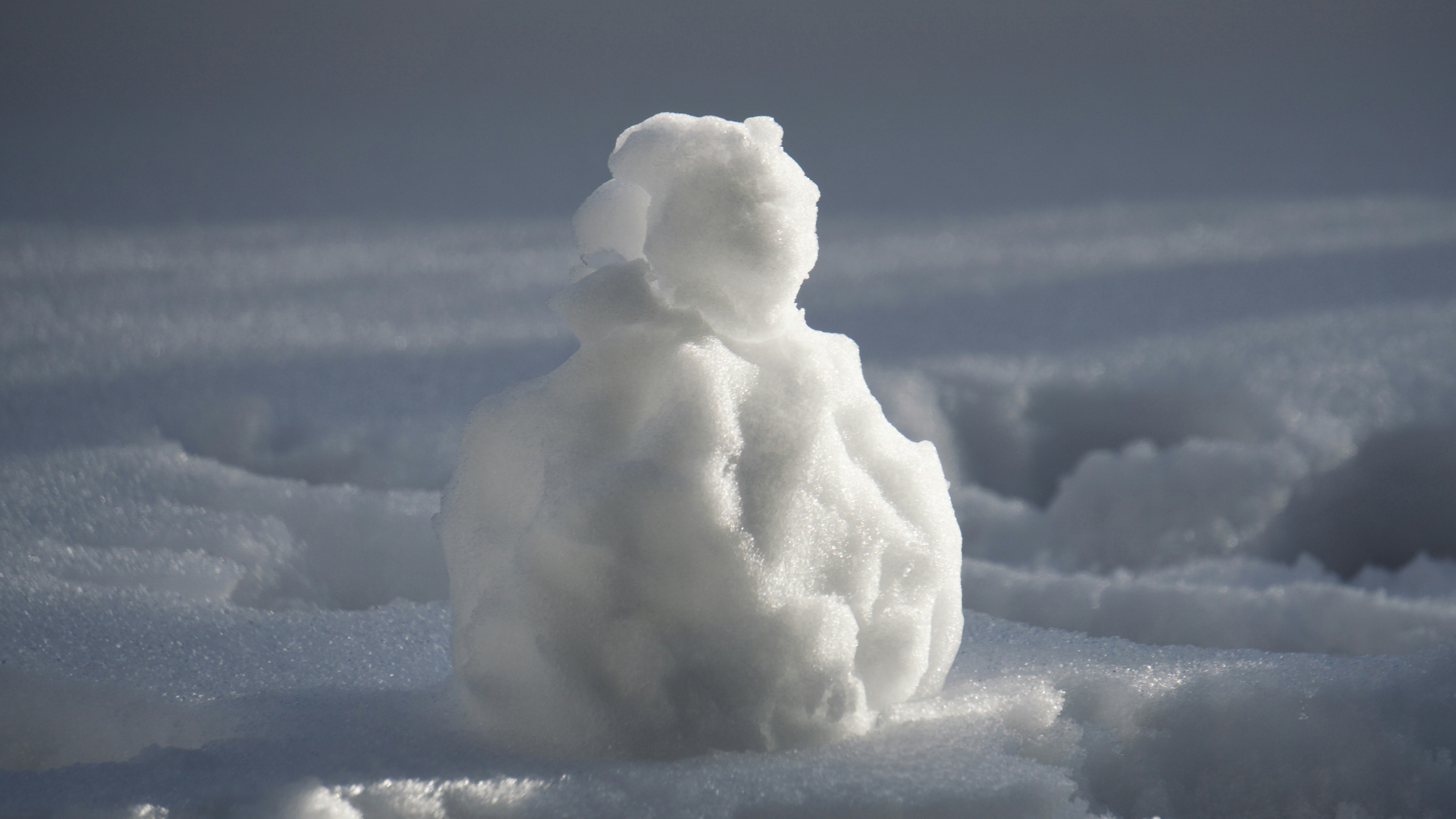 Snow Sentinel: A Tiny Ice Sculpted Figure Rising from Quiet Snow