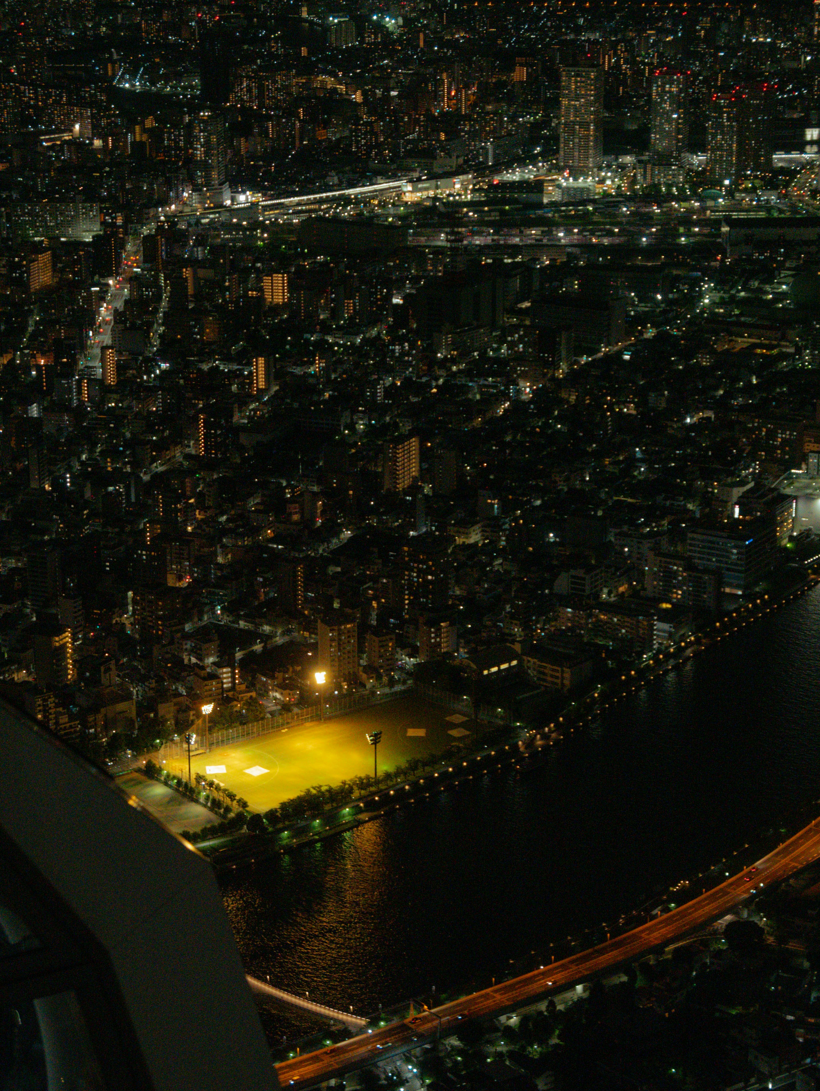 Neon River City: A Nighttime Rooftop View Over the Glowing District