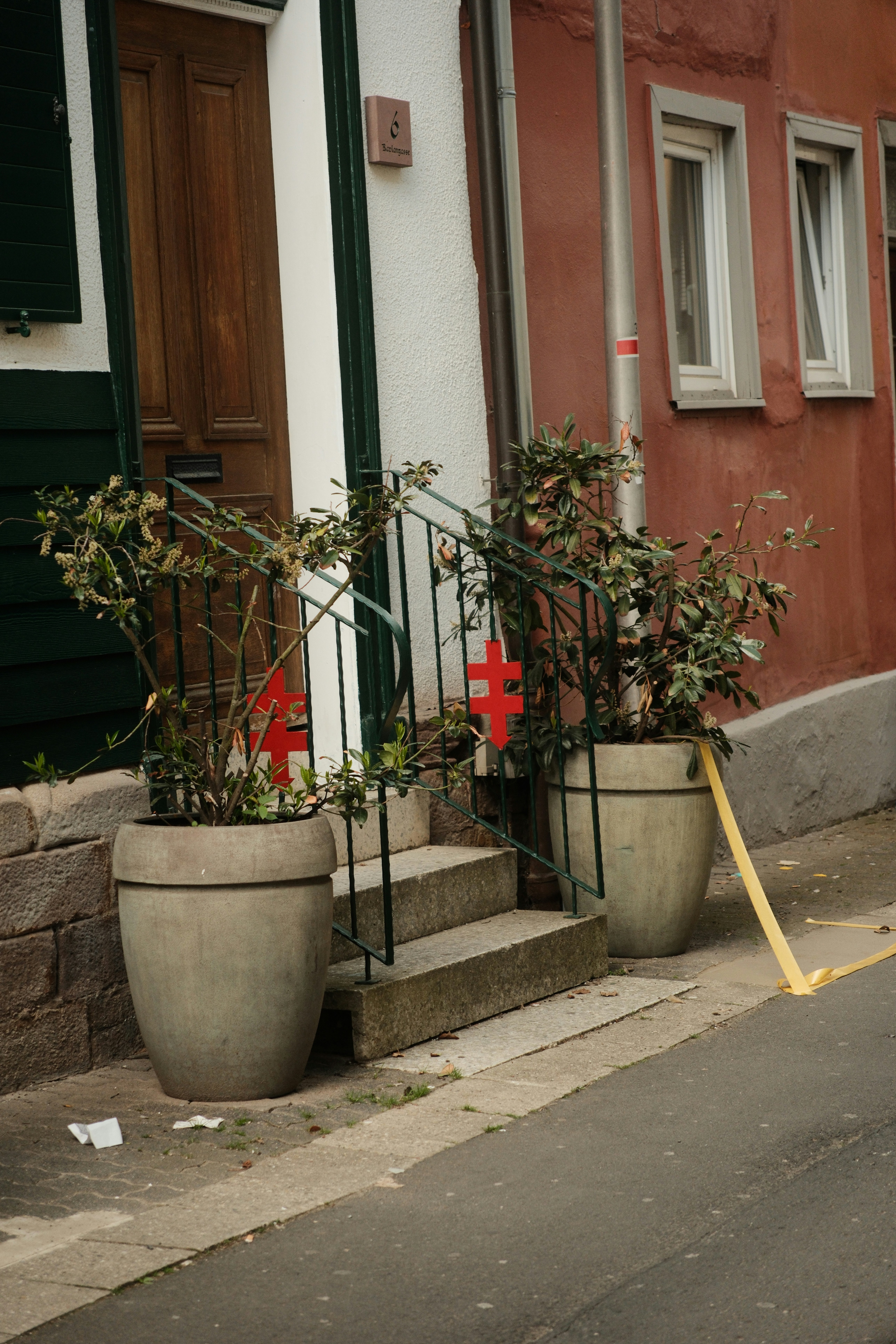 Nestled Entryway with Potted Plants and Rustic Steps