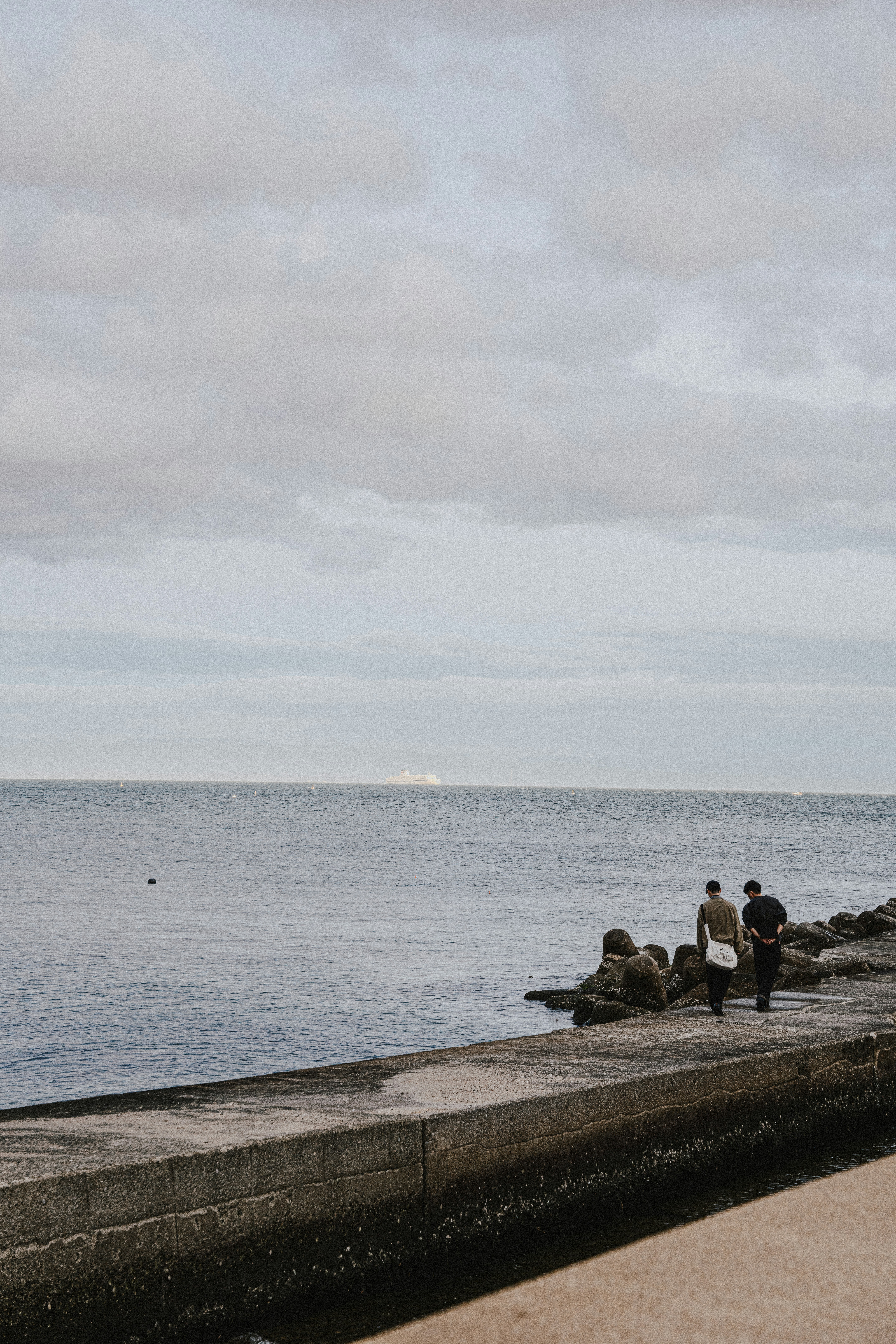 Three Figures at the Sea Wall: Quiet Moment Along the Distant Horizon