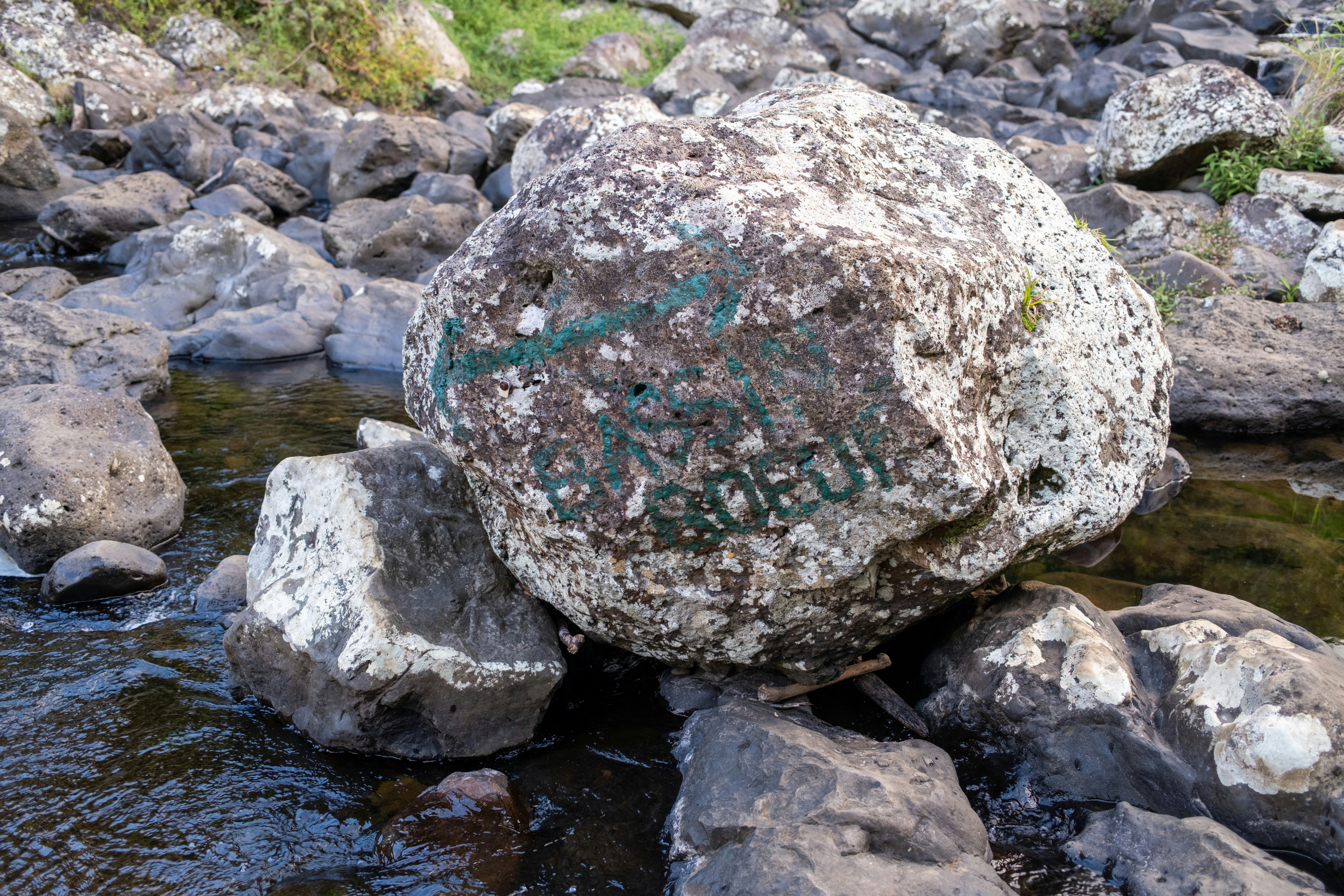 Graffitied boulder in a shallow riverbed