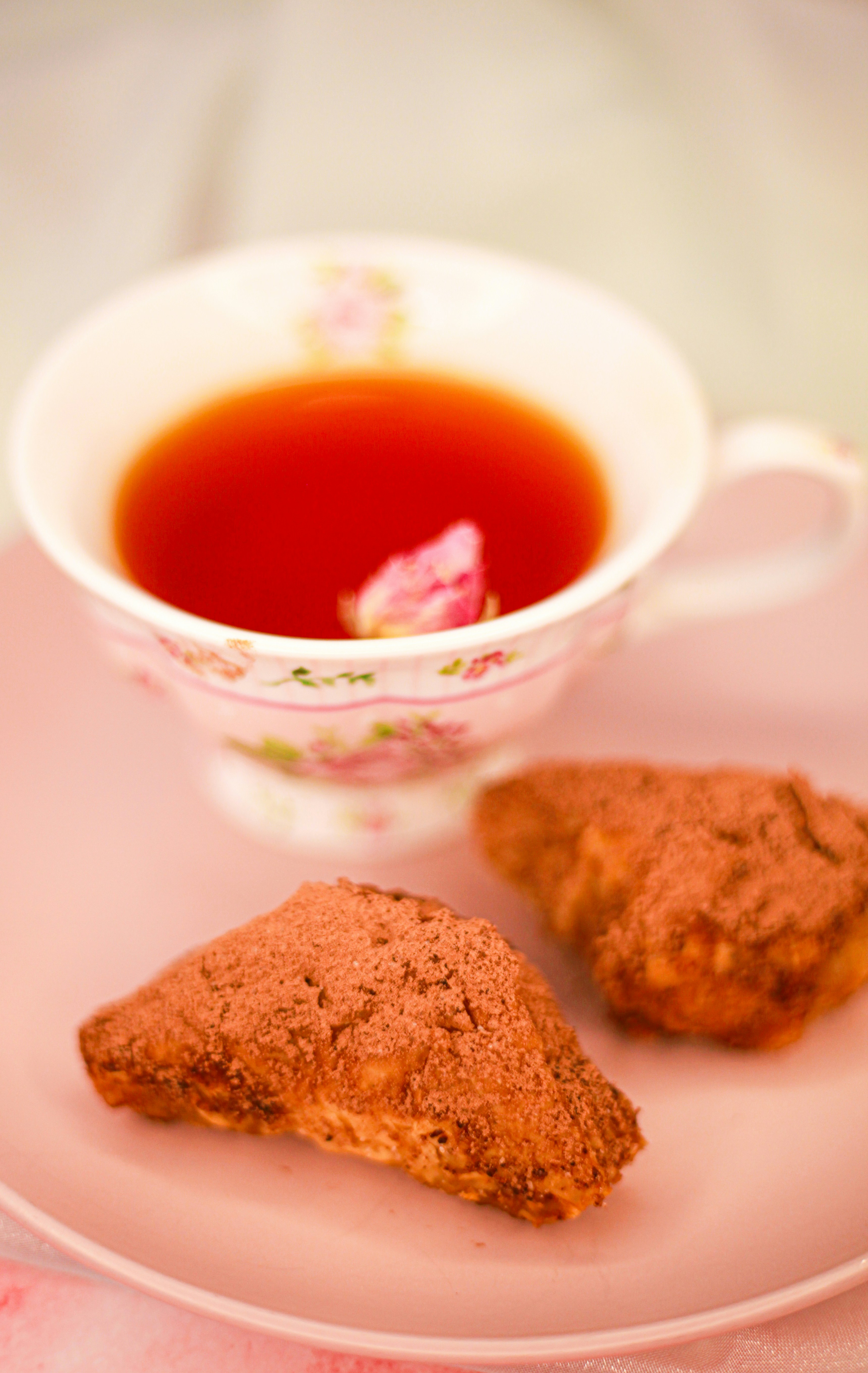 Floral Teacup and Cocoa Crumbs on Soft Pink Plate
