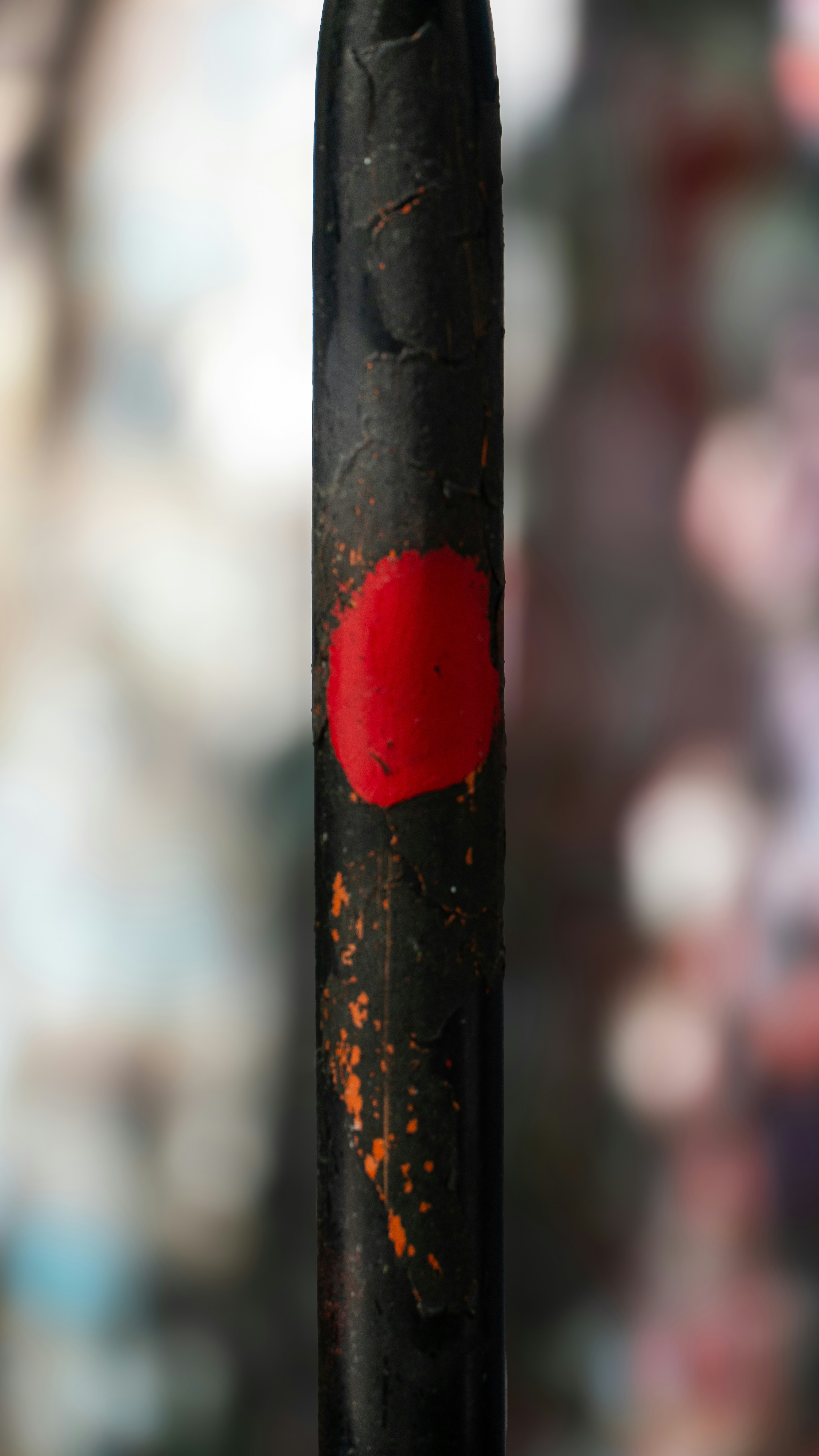 Red Dots and Dark Steel: A Close-Cropped Moment on a Painted Rod