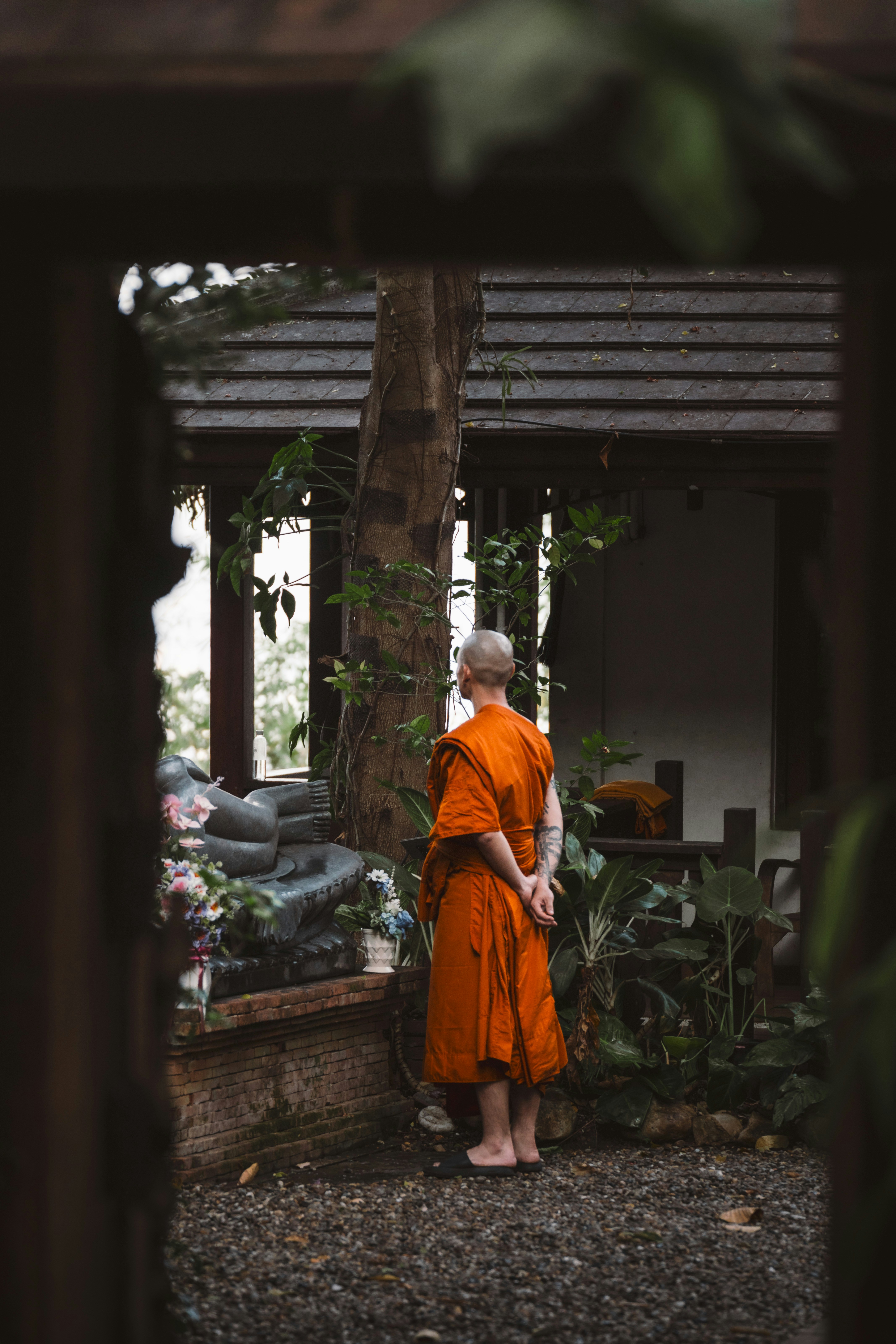 Monk in Orange Robe Sketched by a Quiet Courtyard