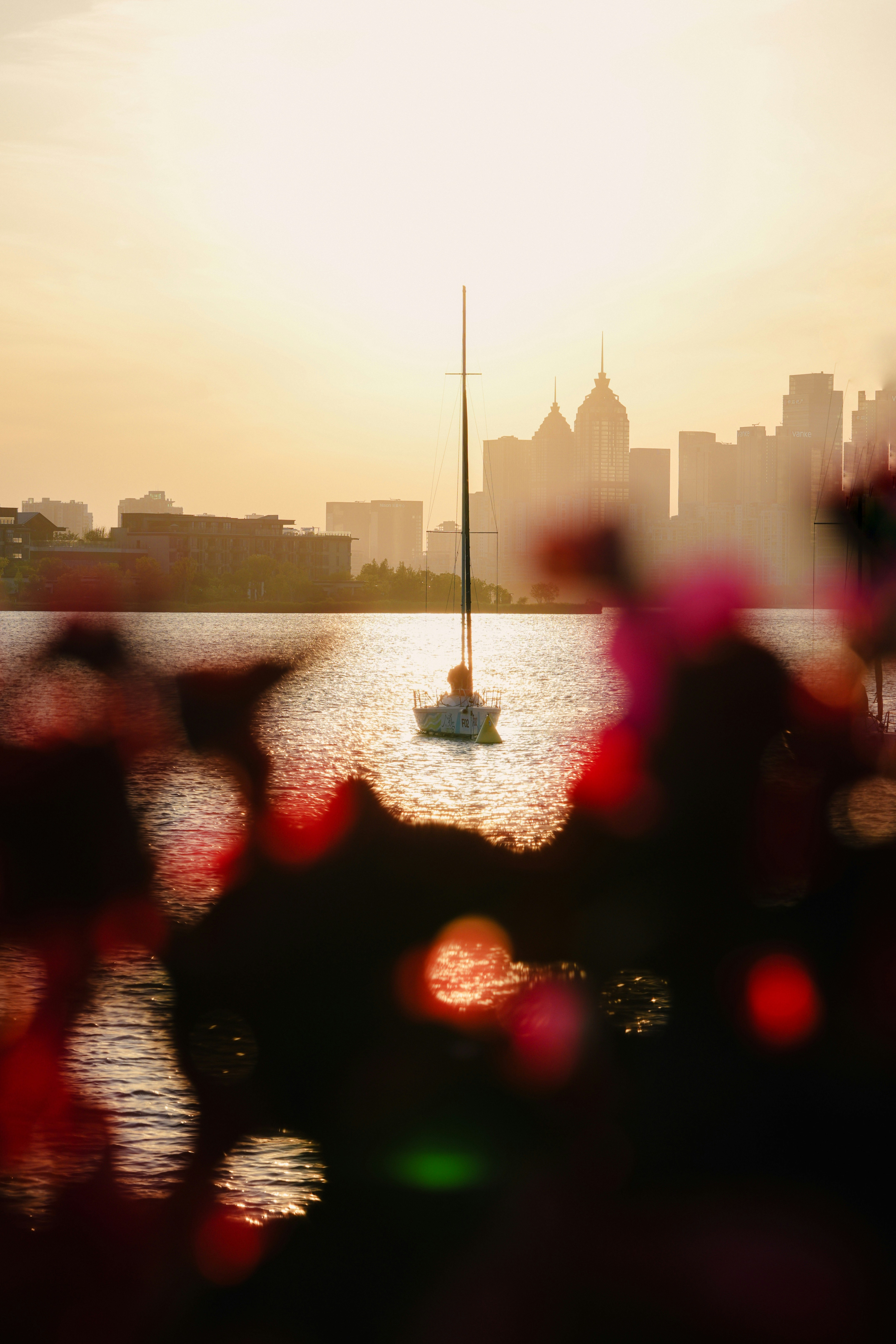 Golden Hour at the Marina: A Distant City Silhouette and a Lone Sailboat