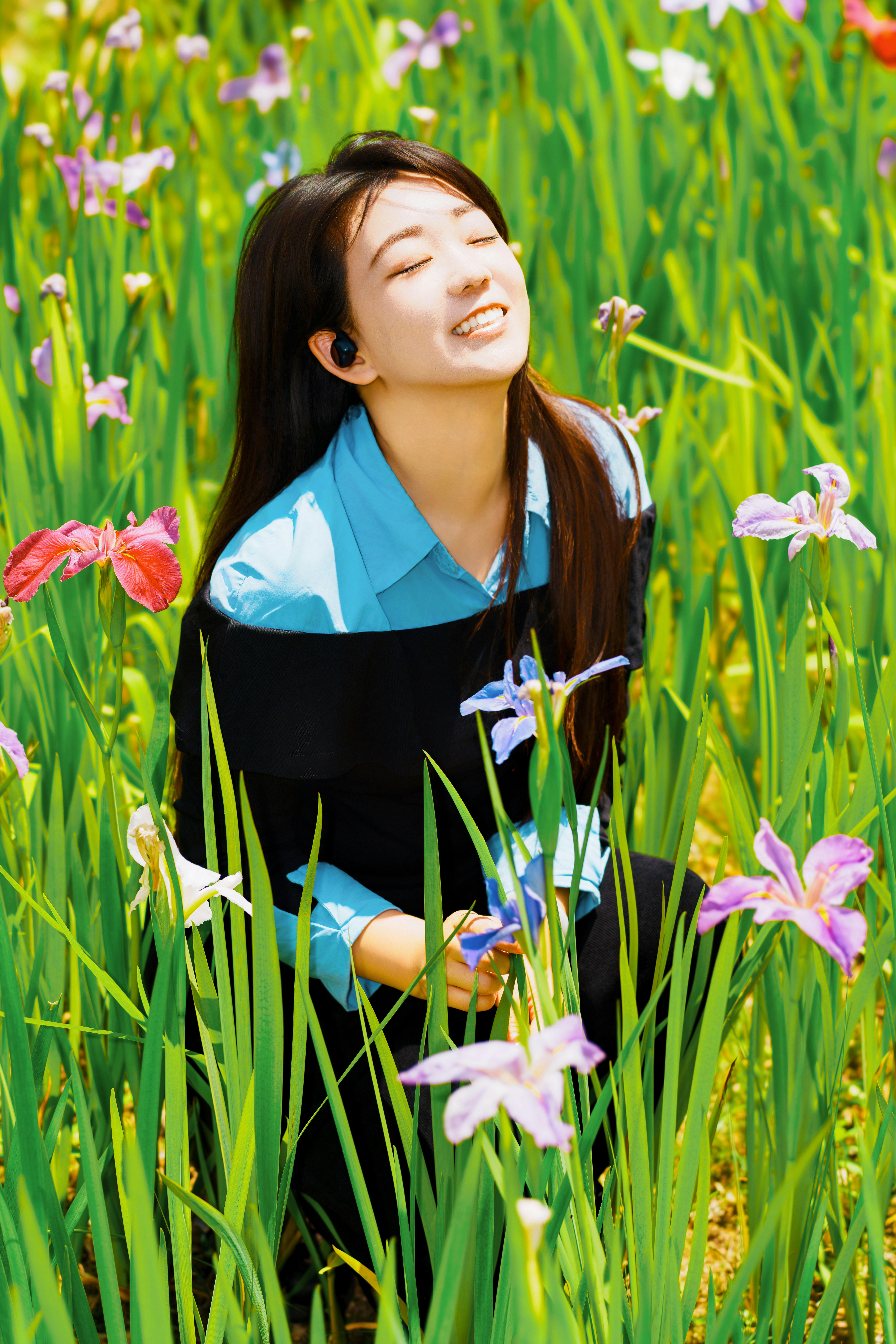 Sunlit Smile in a Field of Iris: A Quiet Moment Between Colors
