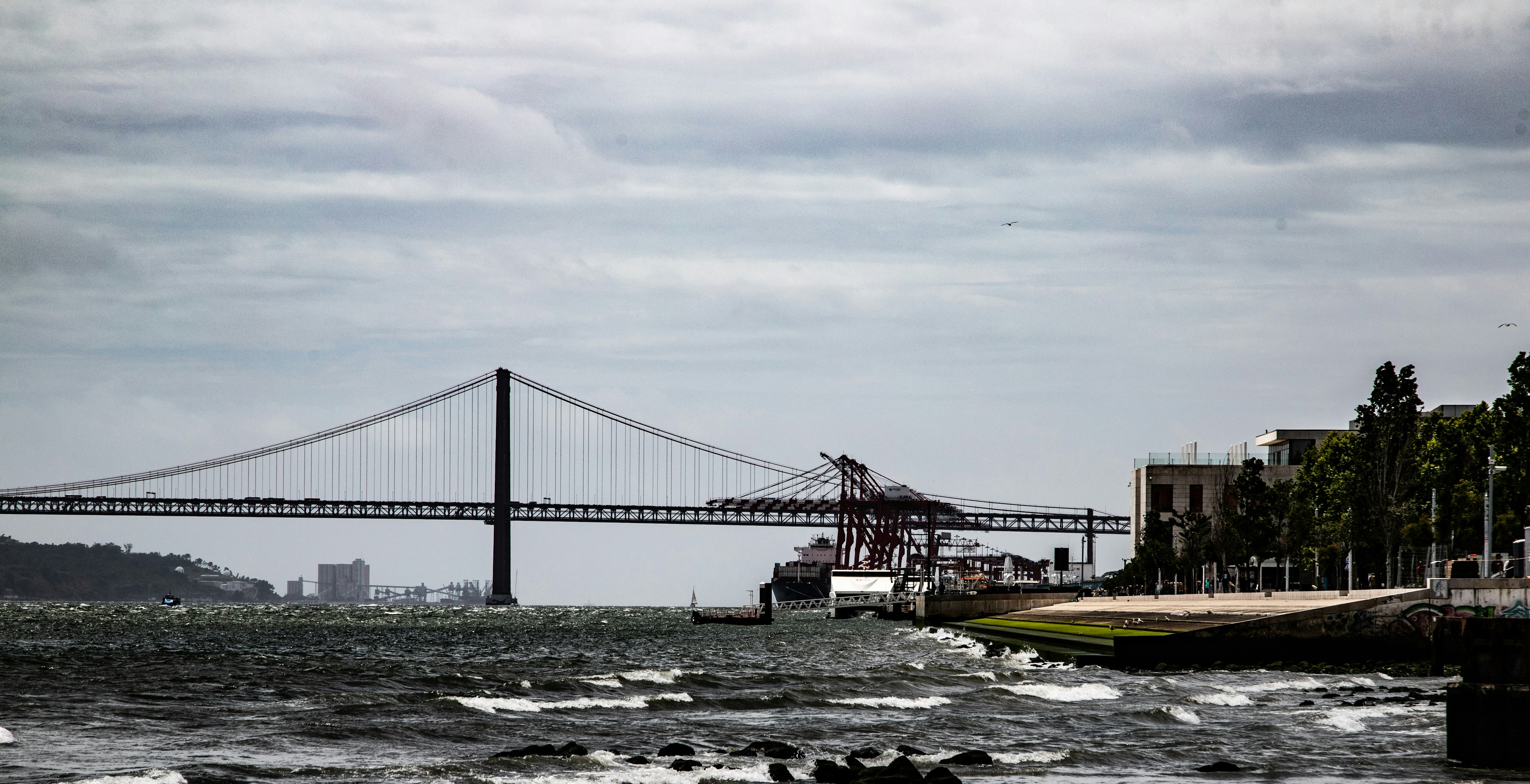 Harbor Span: A Distant Bridge Gliding Over Choppy Waters