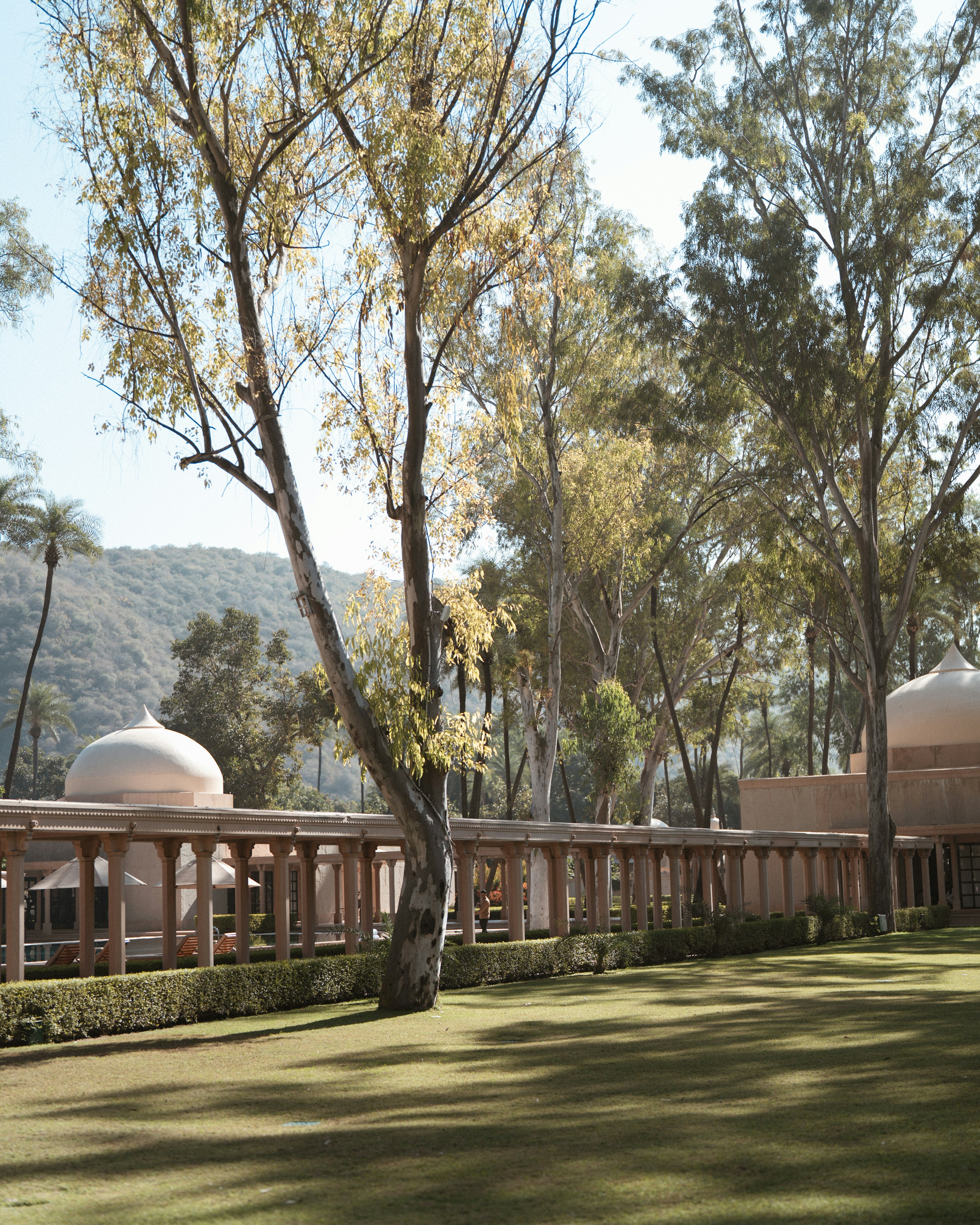 Arcade of Shade: Sunlit Courtyard Between Dome-roofed Pavilions