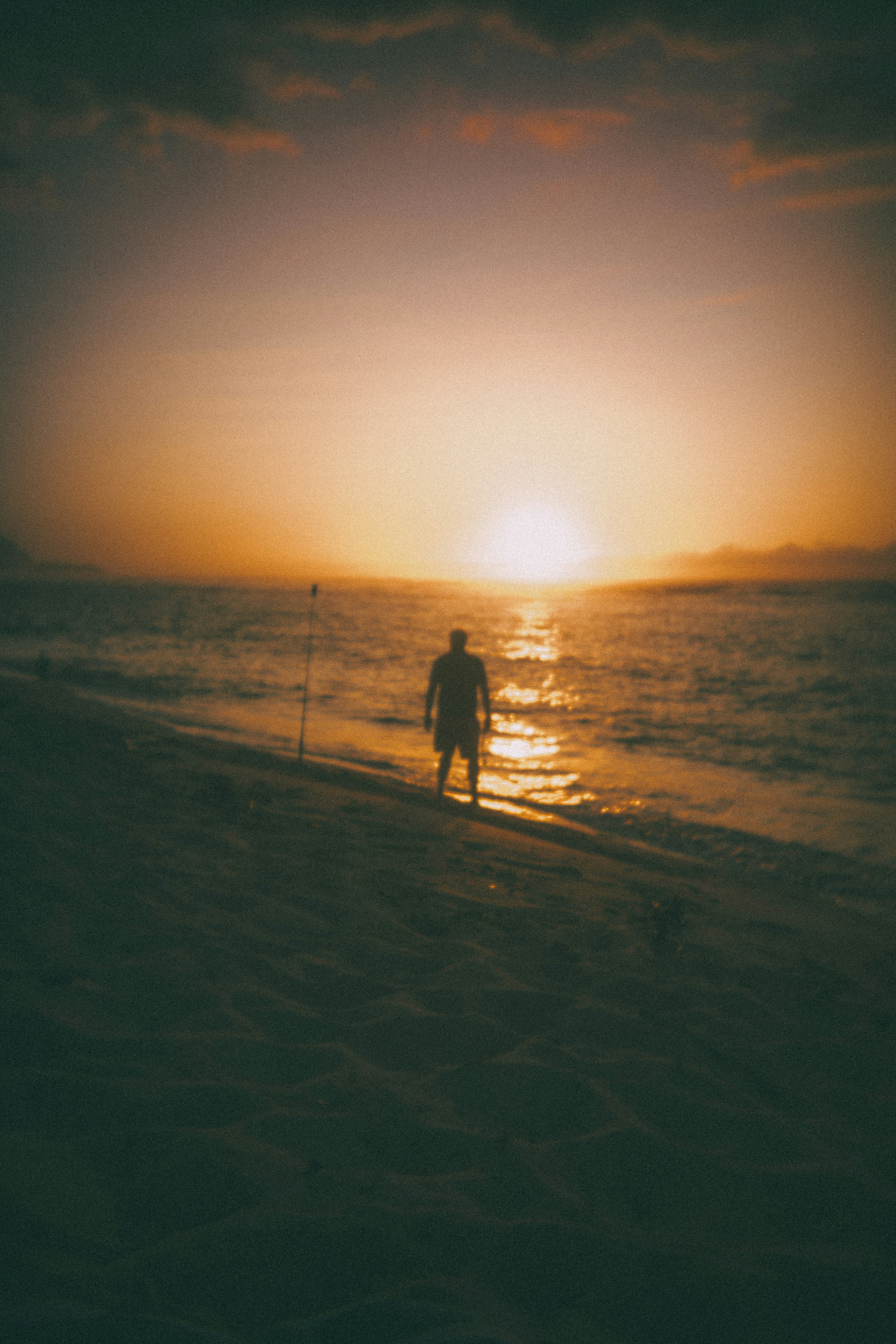 Sunset Silhouette: A Lone Surfer Remains Vigilant at Dusk