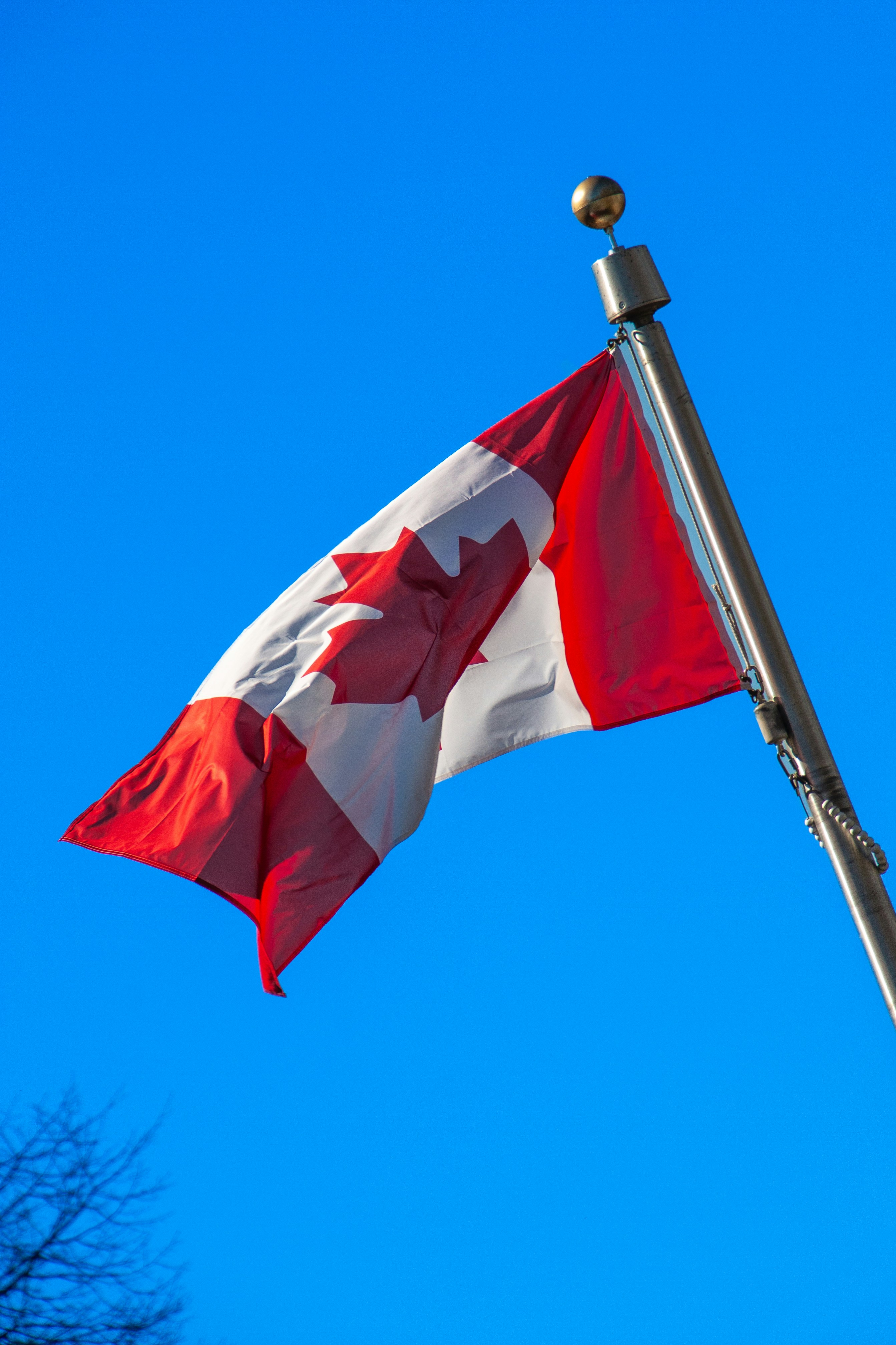 Flag in the Clear Blue: A Canadian Emblem Adrift Against Sky