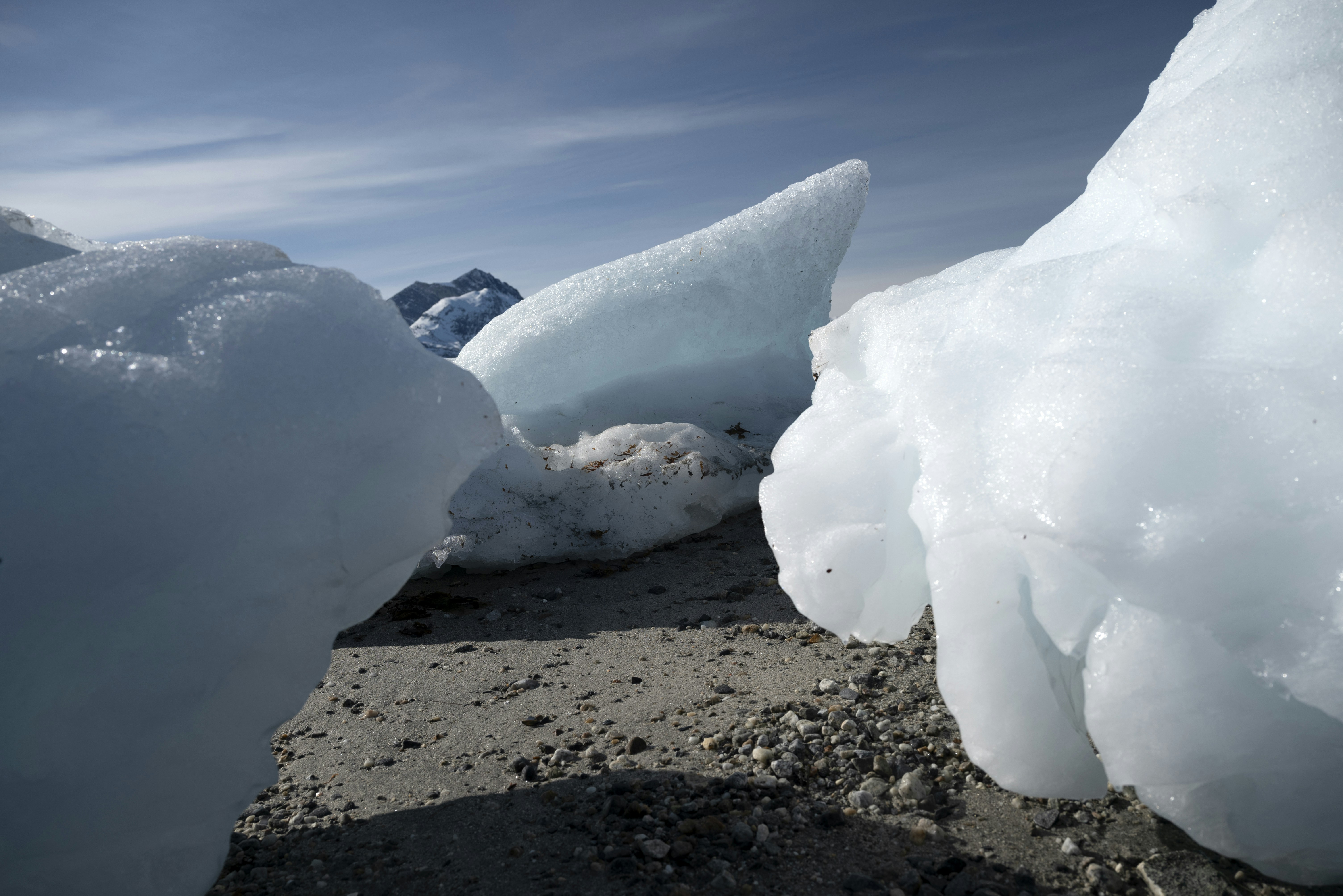 Icebound Corridor: Glacial Blue Sculptures Framing a Stoic Passage