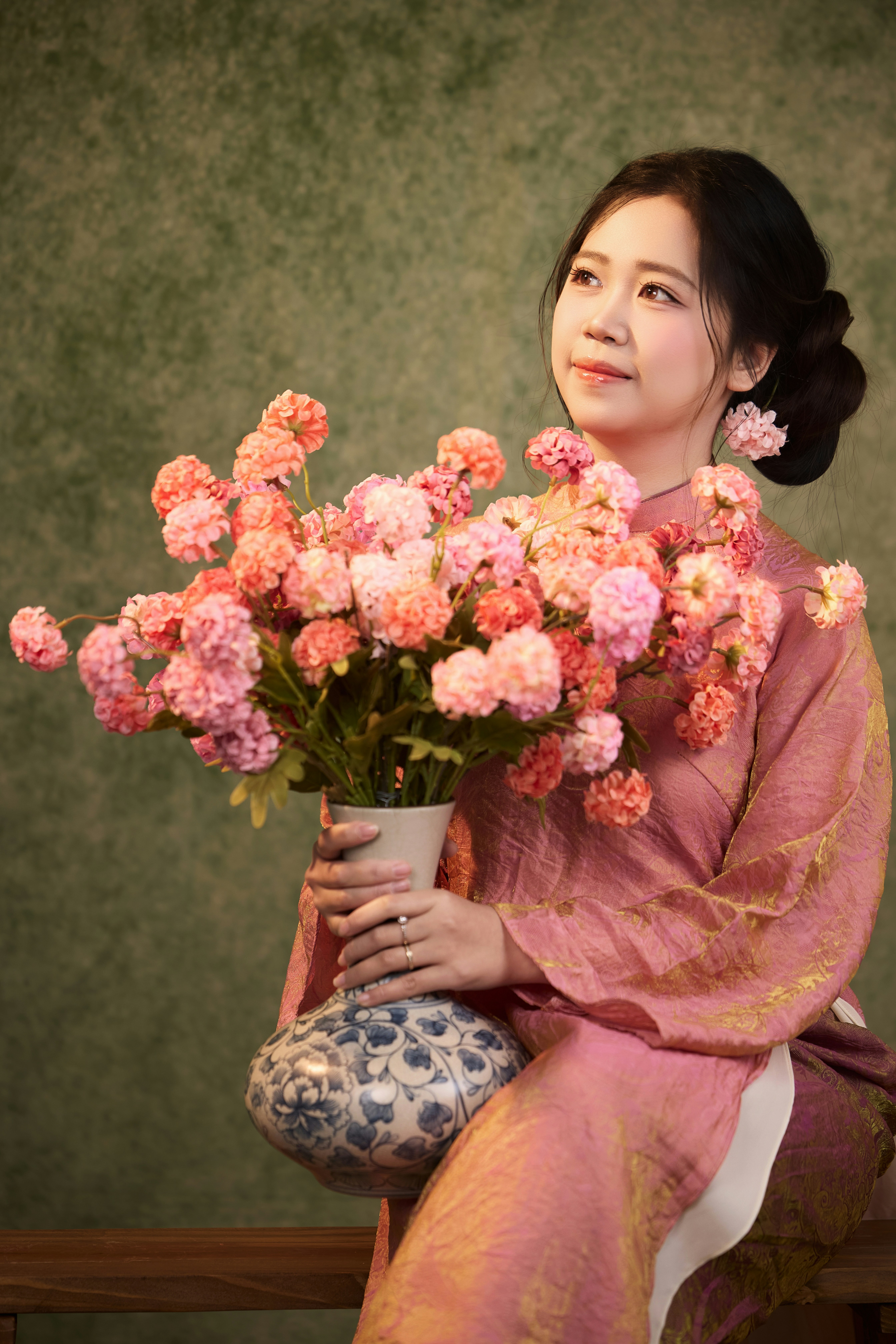 Bouquet in Soft Light: Portrait of a Woman in Pink and Silk