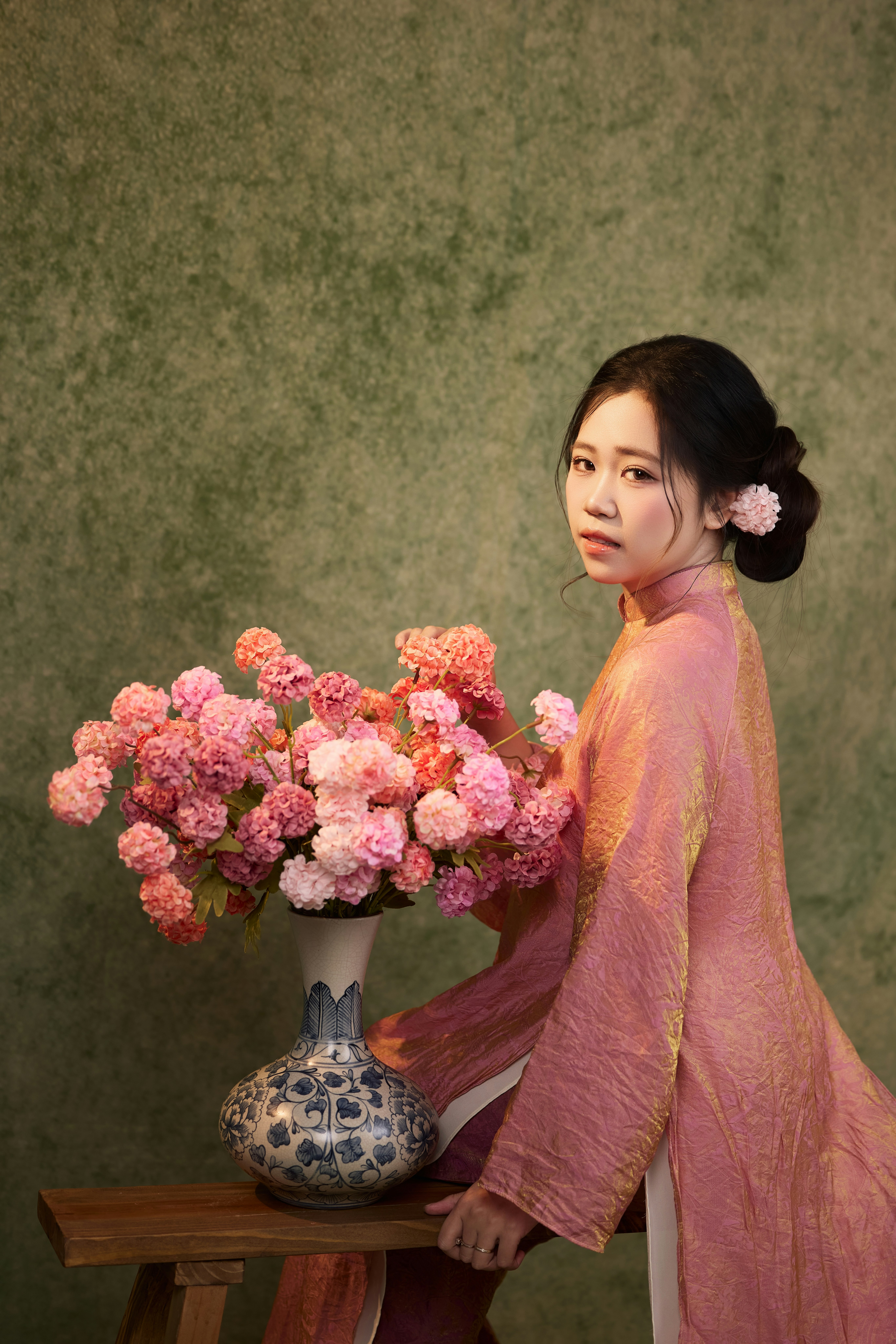 Blossoms and Silk: A Portrait in Soft Pink Light