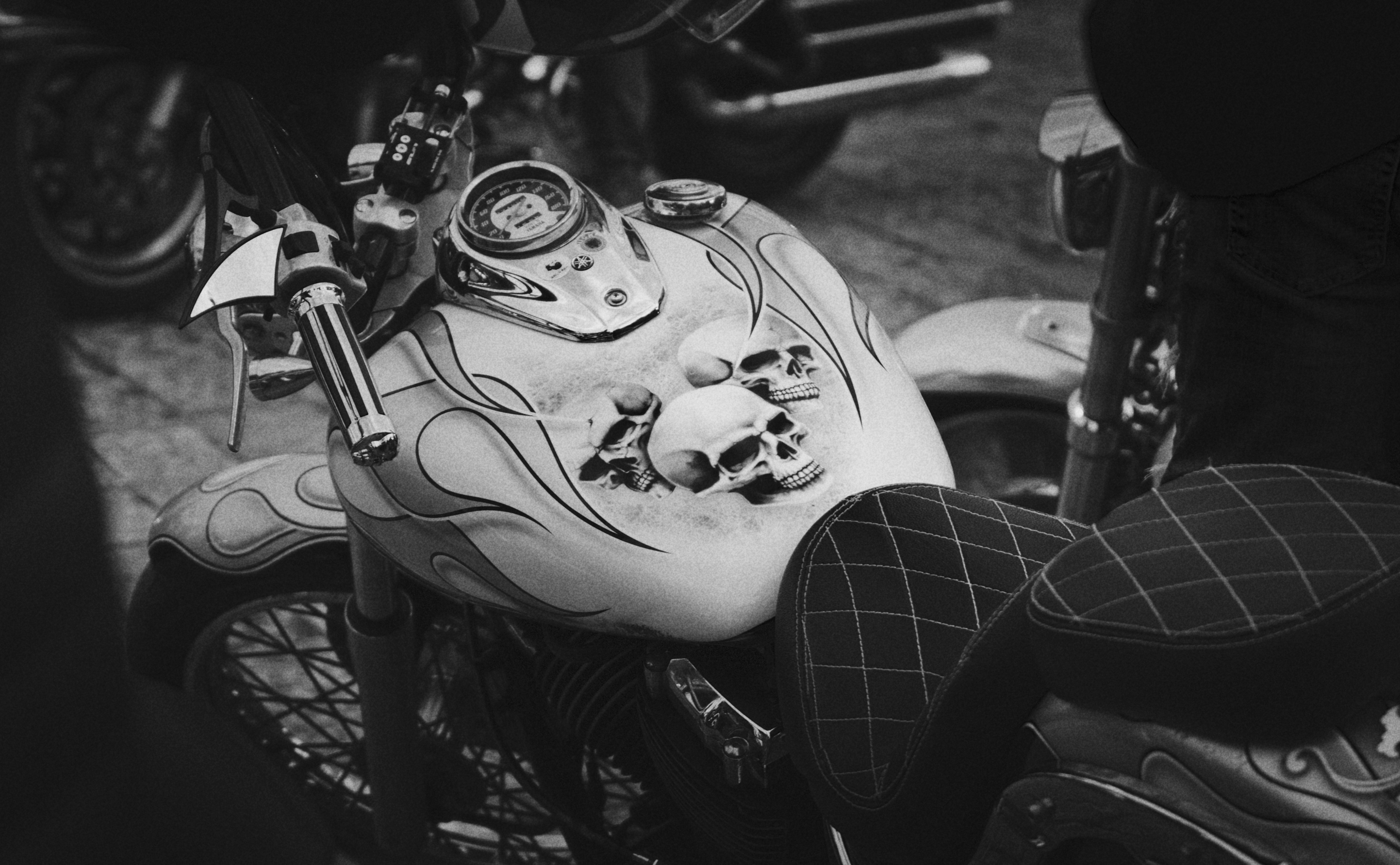 Pinned Chrome and Skull: A Motorcycle Hood with Detailing Art