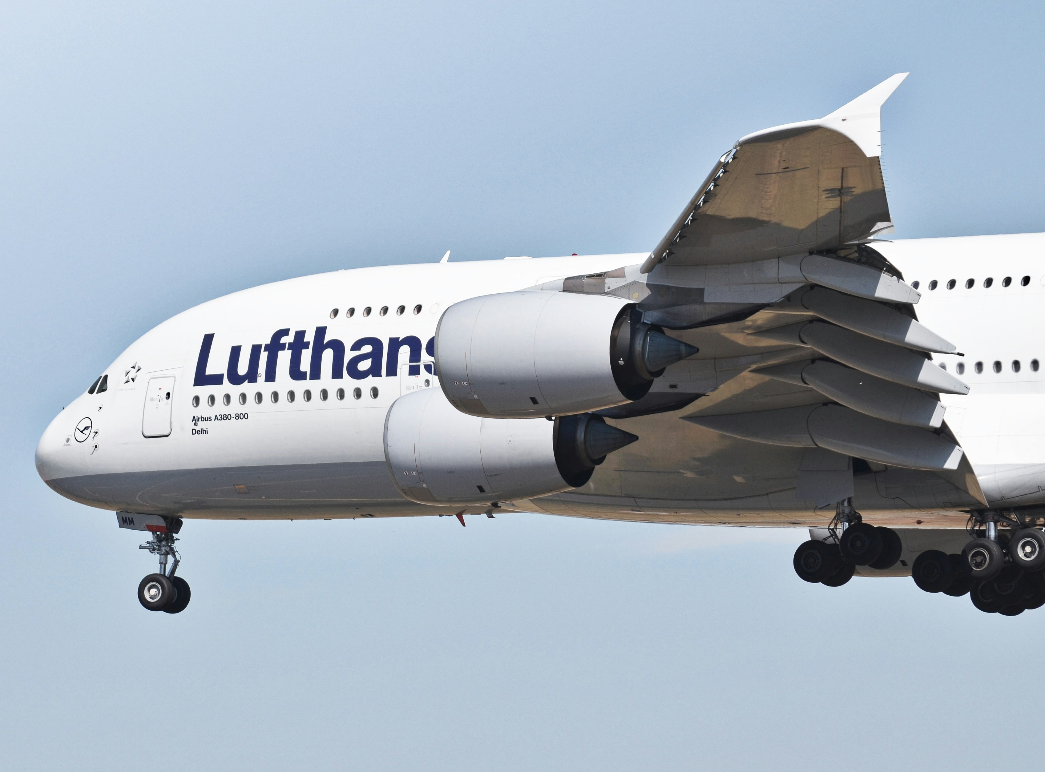 Lufthansa A380 in profile: power, wings, and engine aftermath