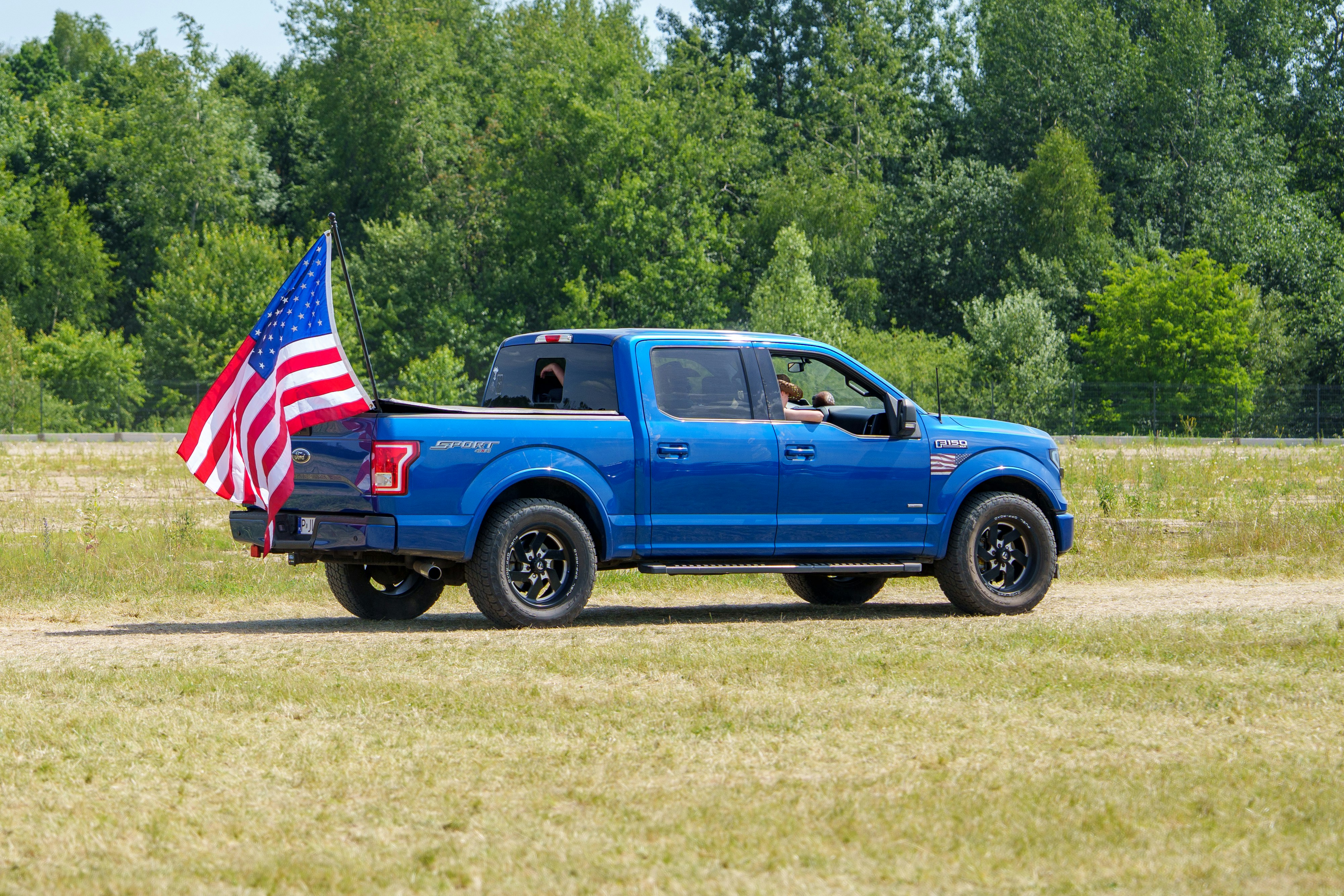 Flag-Bearing Blue Pickup Patrol: A Lone Truck in Open Field