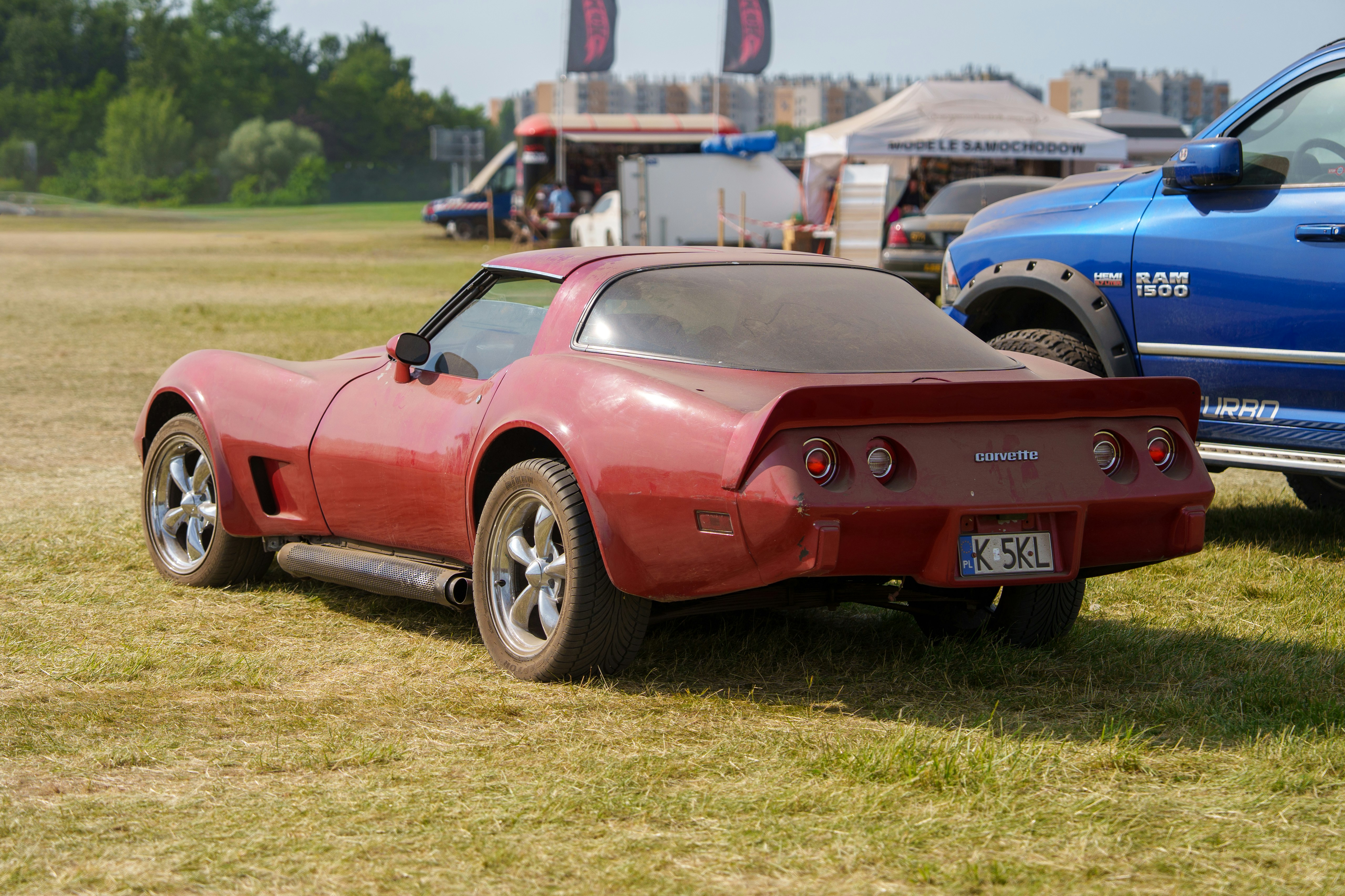 Red Corvette Resting on Sunlit Grass at Car Show