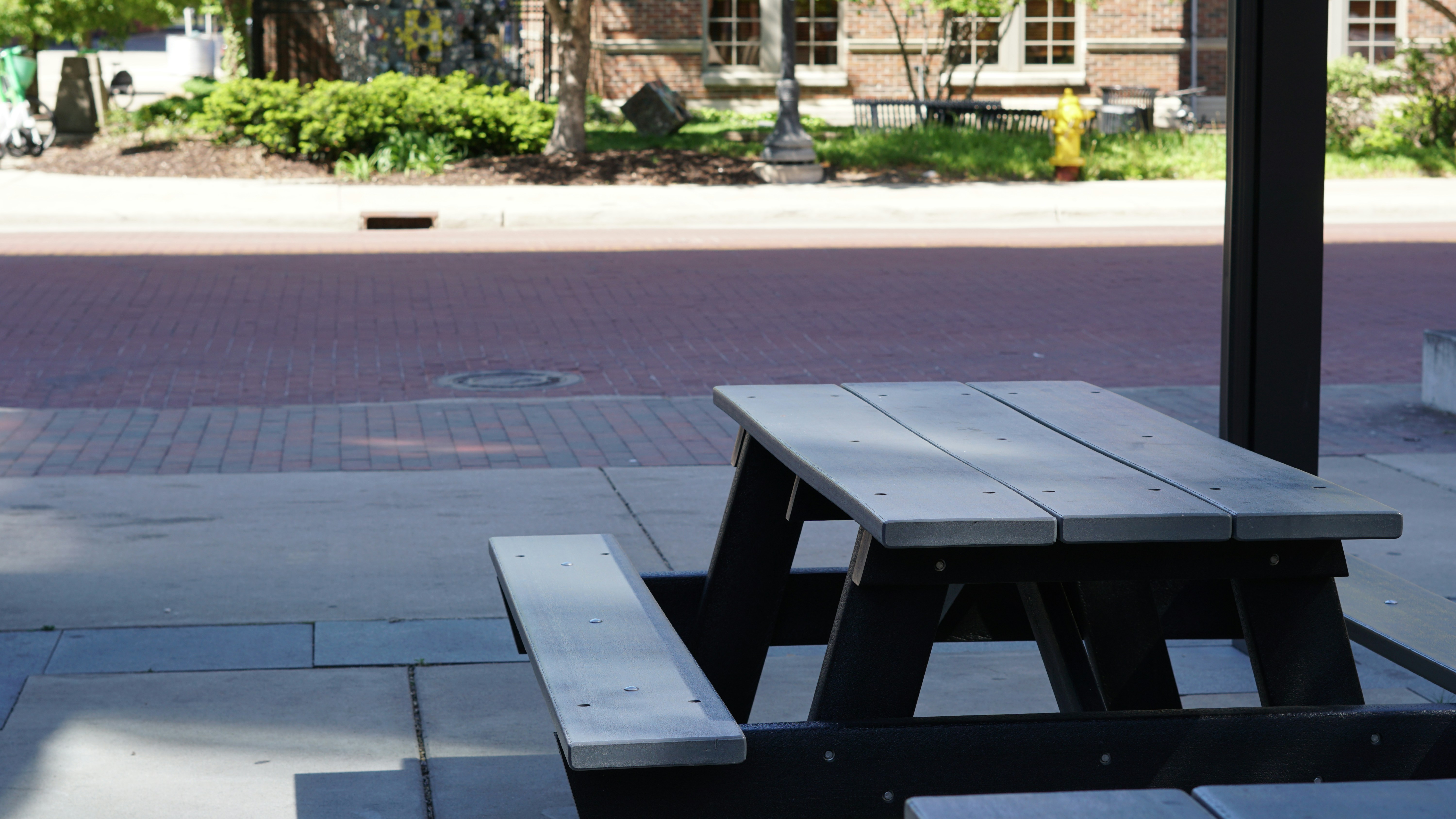 Sunny Street-side Picnic Table Under Urban Pavilion