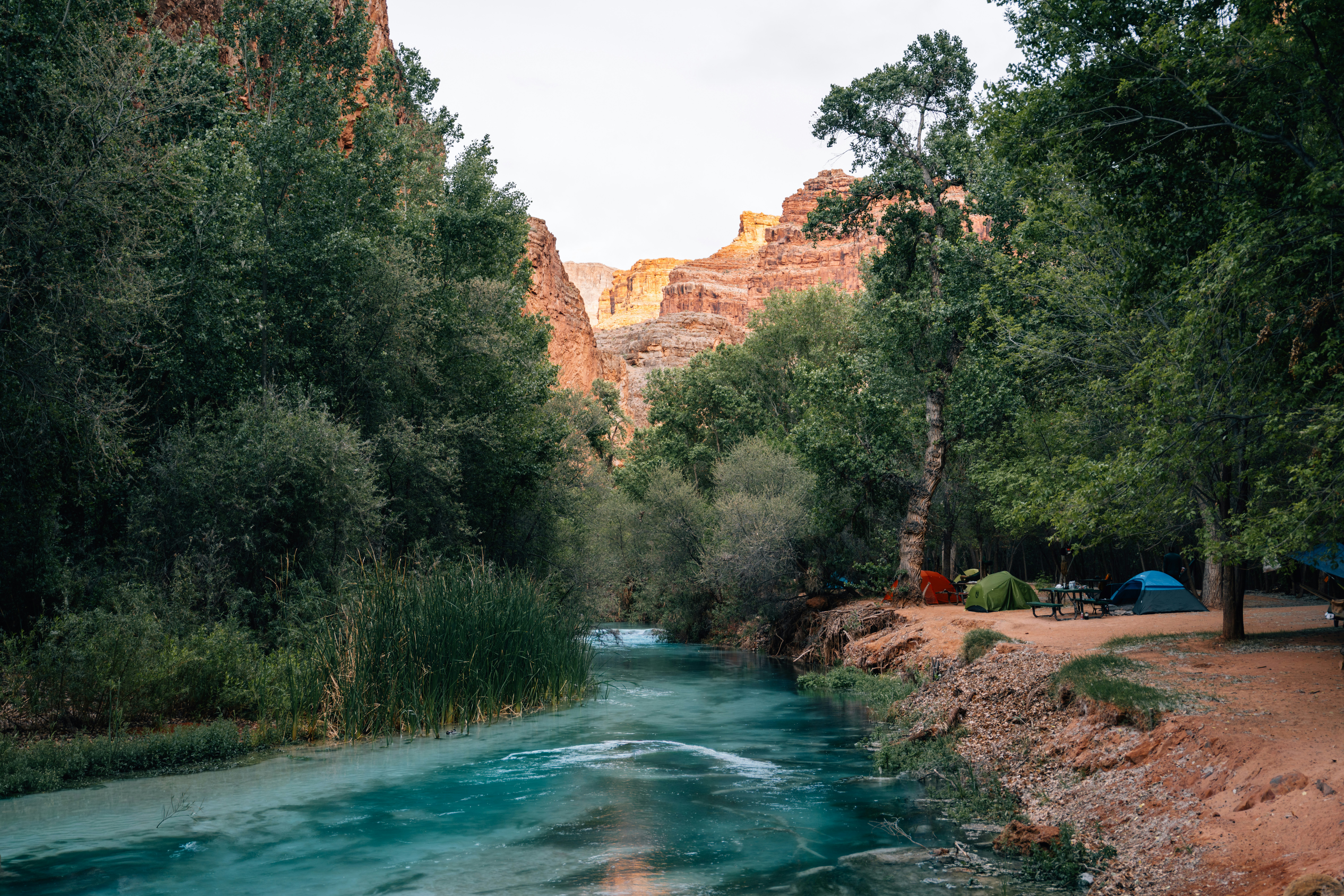 Emerald River Bend Under Red Canyon Cliffs