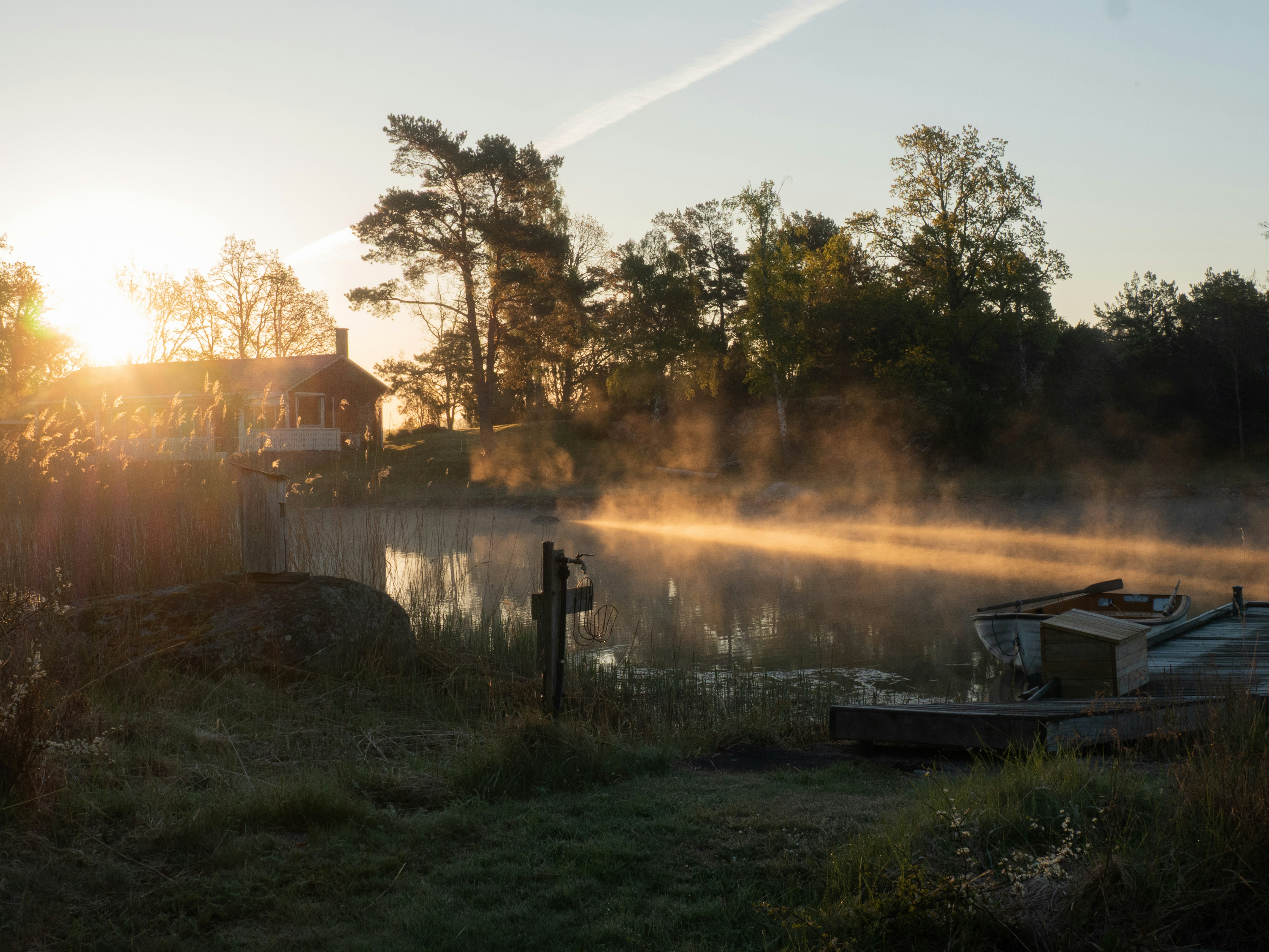 Dawn by the Still Lake: Mist Trails and Wooden Dock