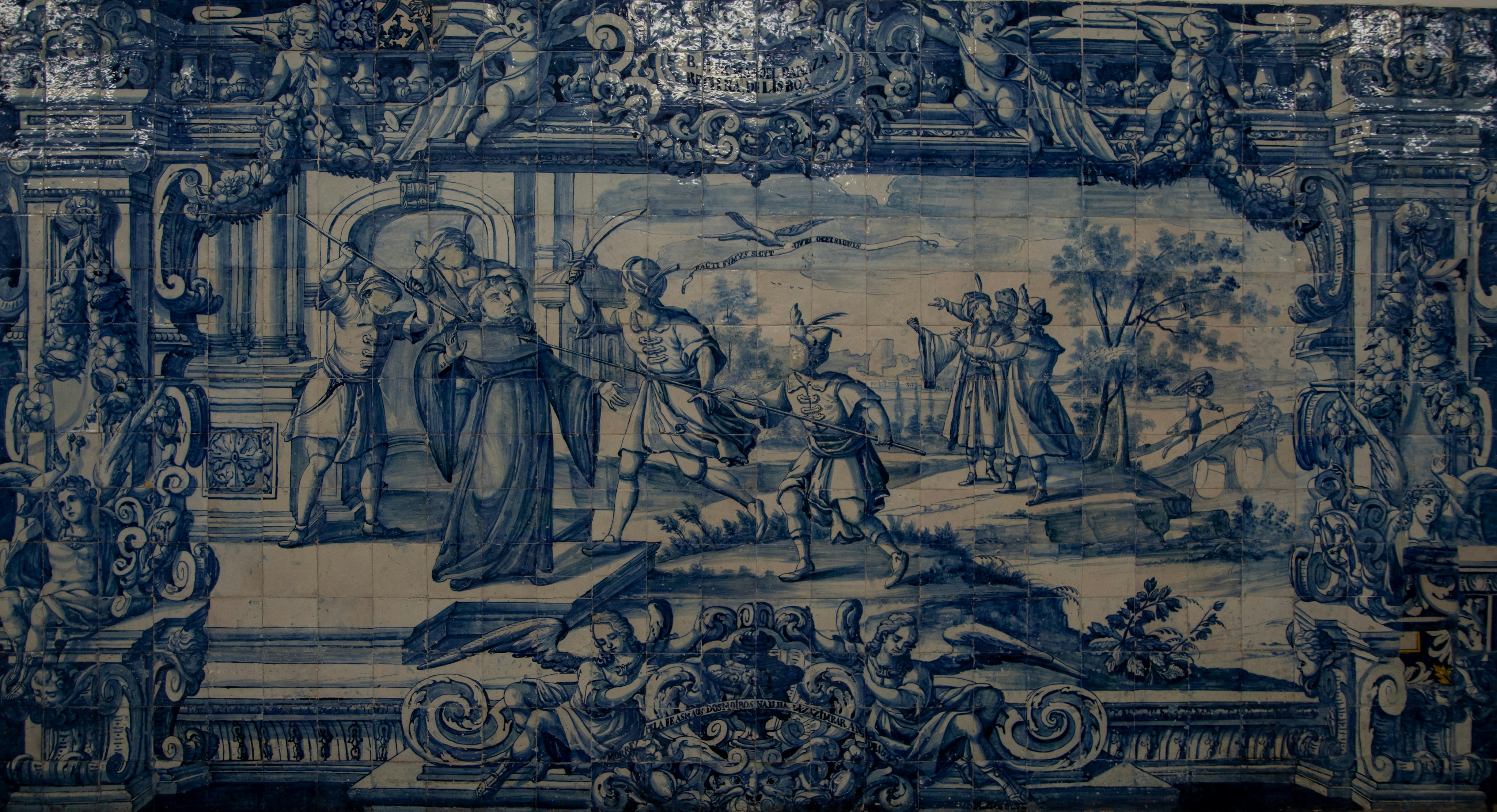 Centrepiece of the Tapestry Allegory: A Classical Scene with Courtiers and Pilgrim Figures