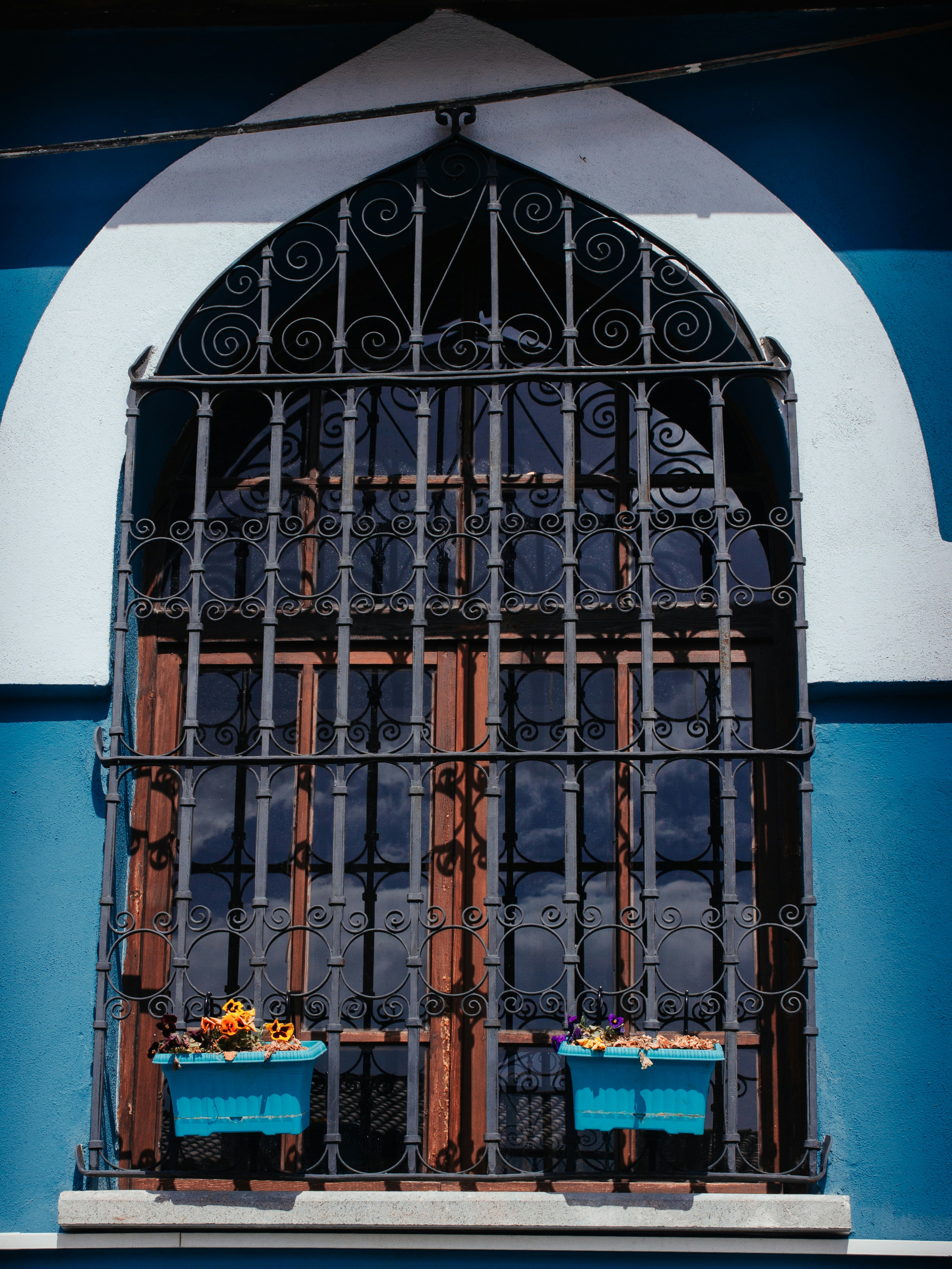 Blue Arch Window with Wrought-Iron Grille and Window Boxes