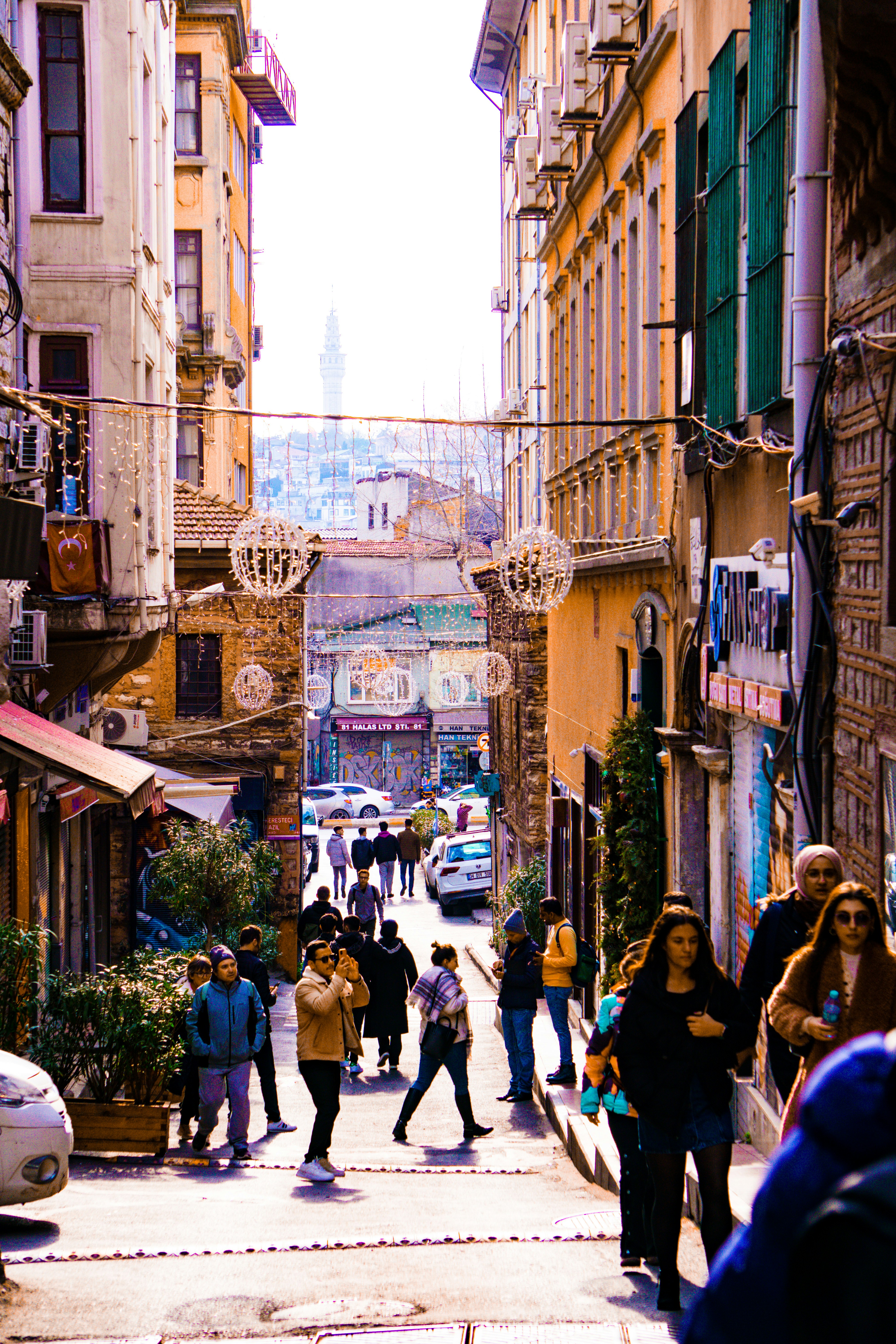 Bustling Street in warm-yellowed Architecture