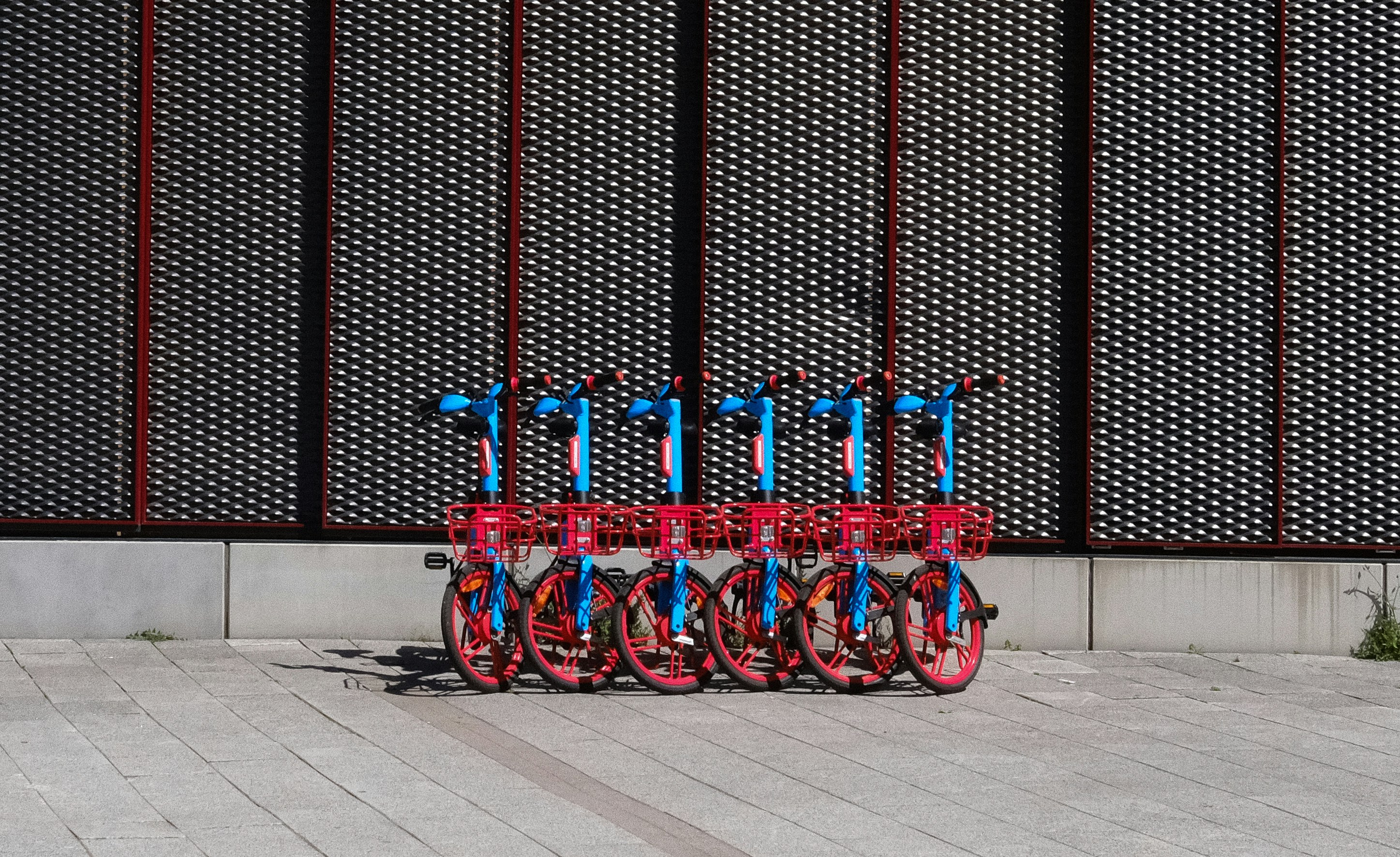 Riley-colored shared bikes anchored in front of a perforated wall