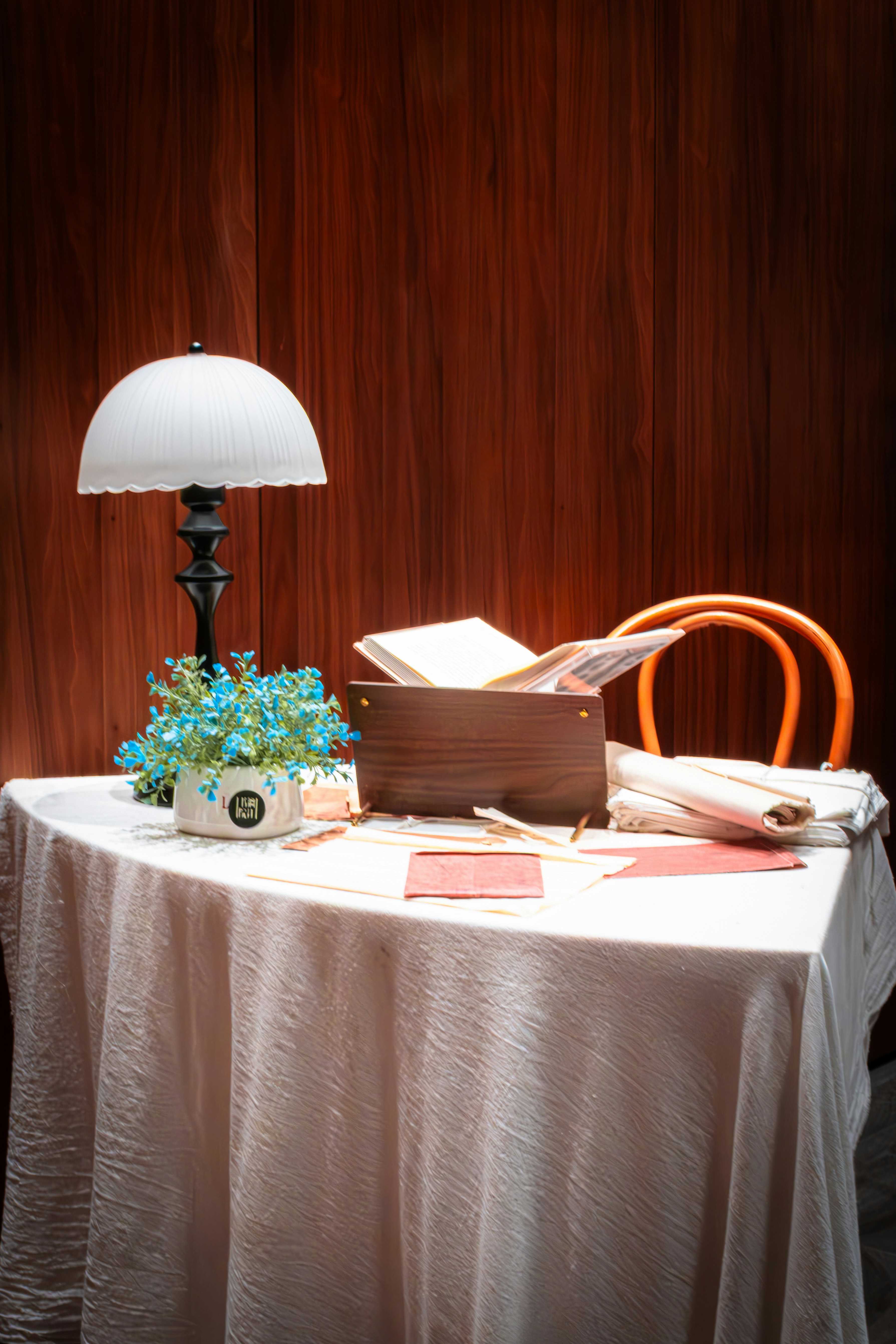Warm Glow Over a Quiet Desk: A Lit Lamp, Open Book, and Potted Blue