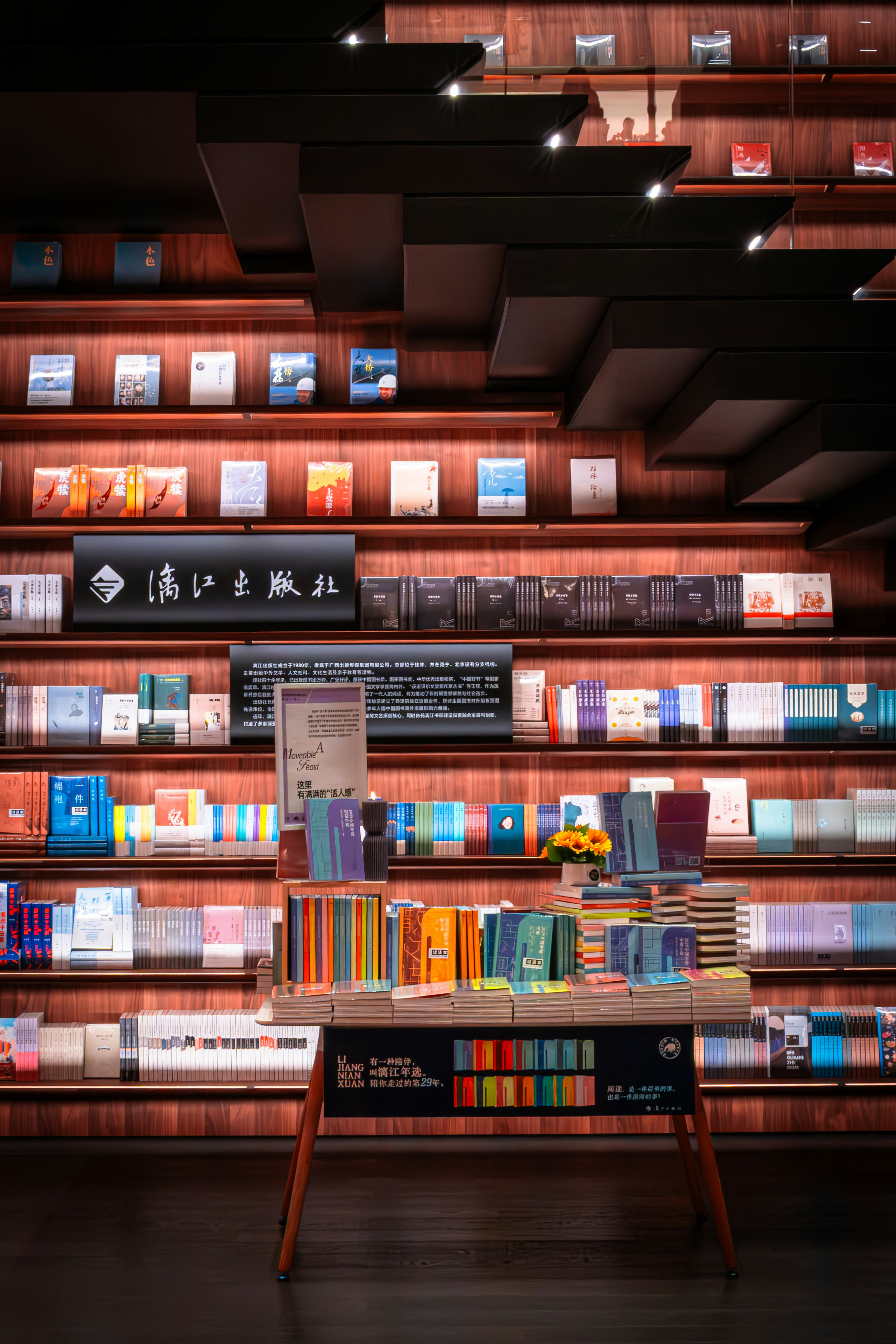 Bookshelf Cathedral: A Warm Library Hall Under Geometric Lighting