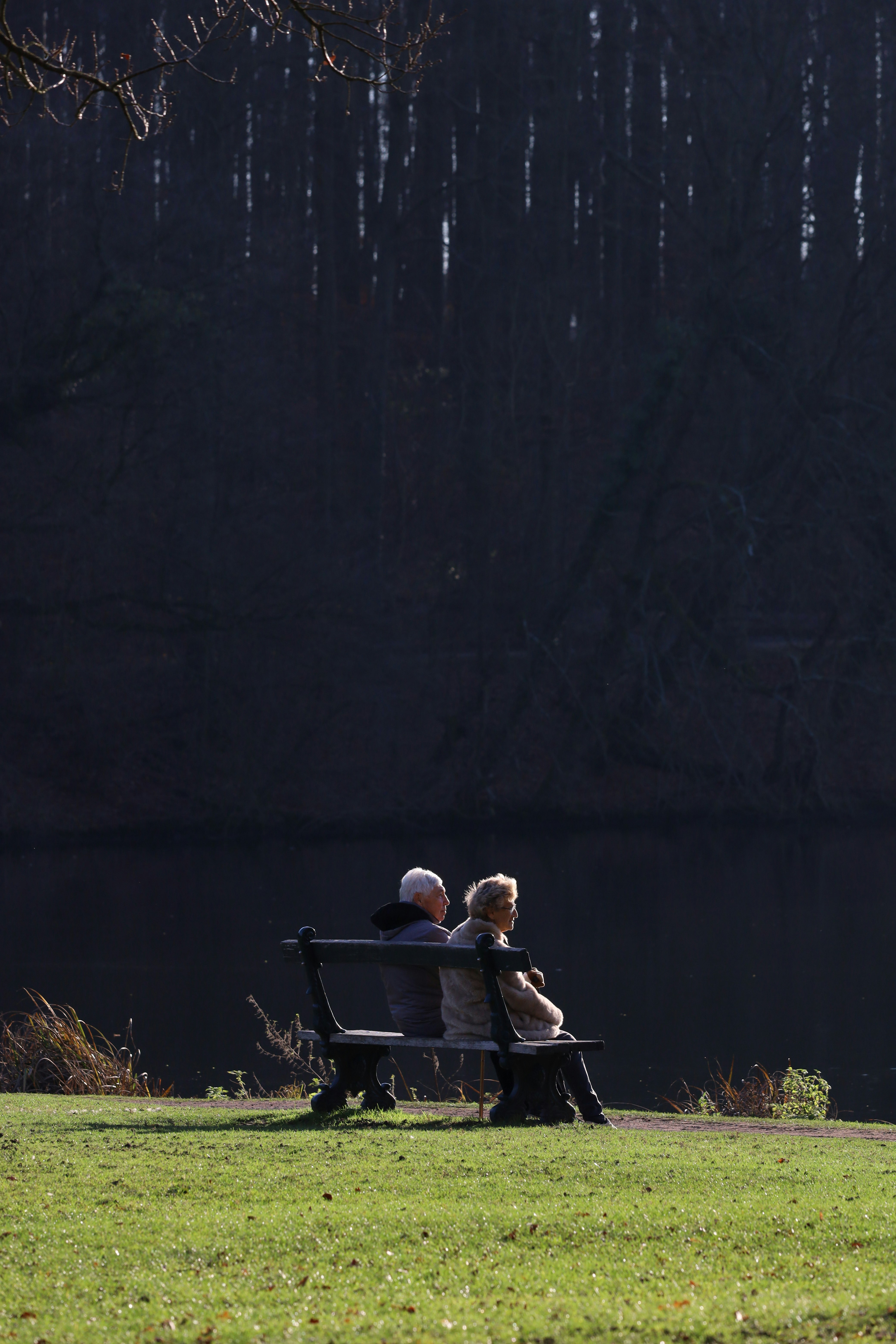 A Quiet Riverside Moment: Elderly Couple on a Park Bench